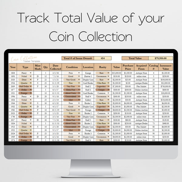 Coin Collection Inventory Spreadsheet Google Sheets and Excel Tracker ...