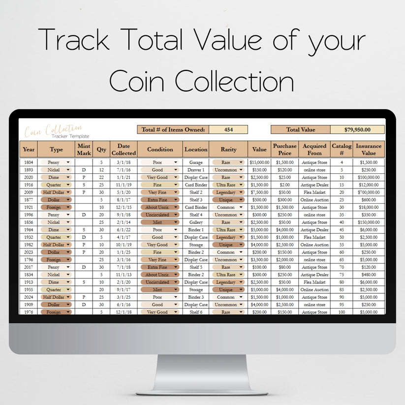 Coin Collection Inventory Spreadsheet Google Sheets and Excel Tracker ...