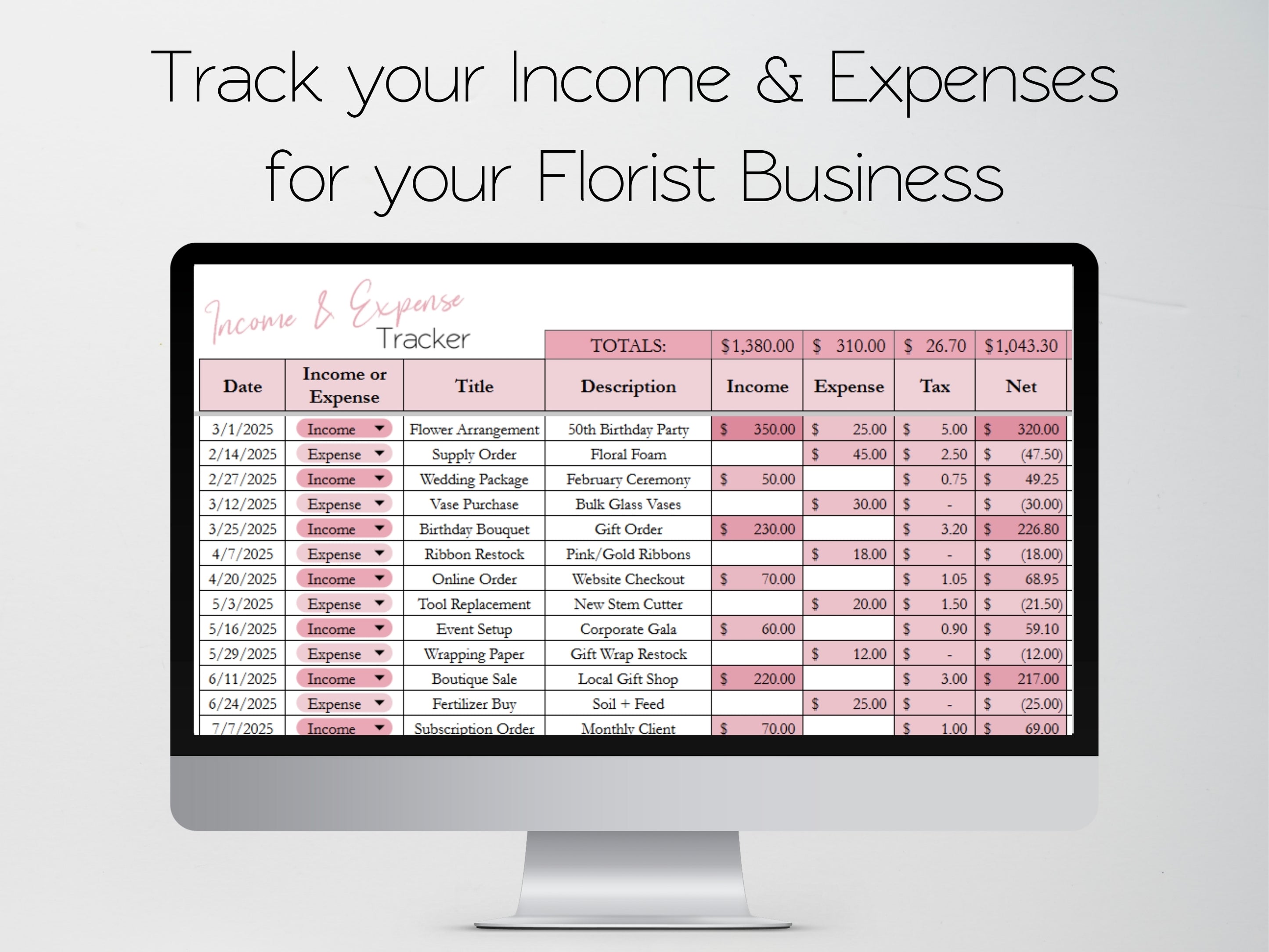Florist Bookkeeping Template Google Sheets and Excel Spreadsheet - Inc ...