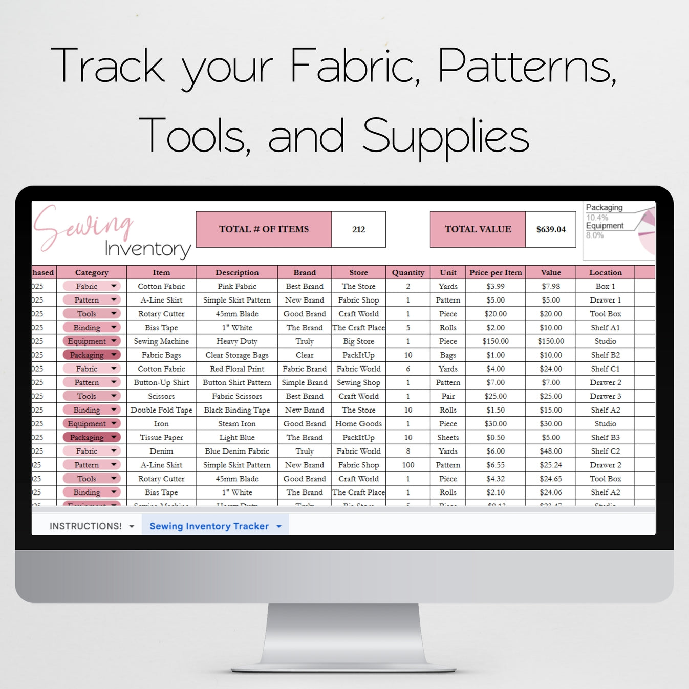 Sewing Inventory Tracker Template Google Sheets and Excel Spreadsheet ...