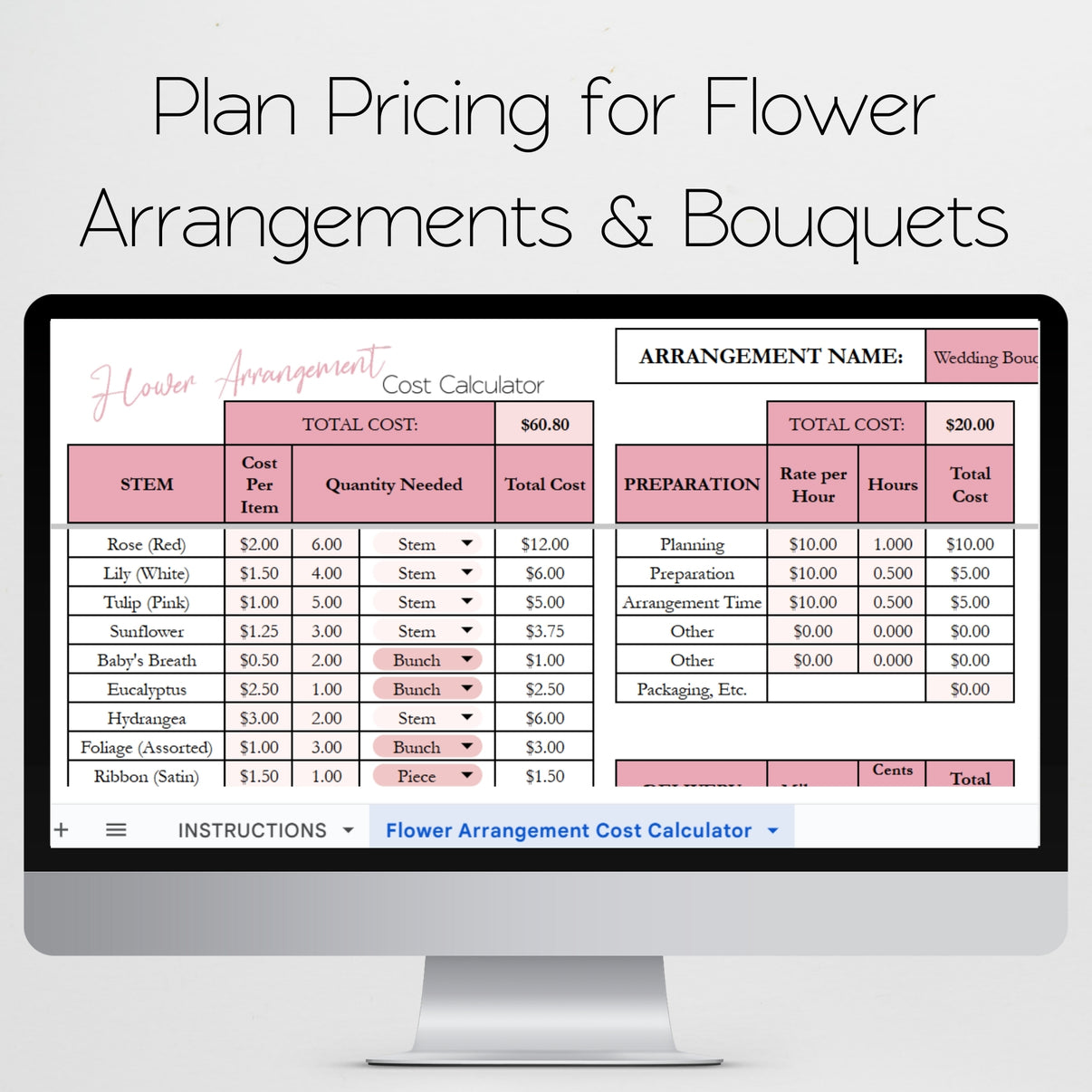 Flower Arrangement Cost Calculator Template for Google Sheets and Exce ...