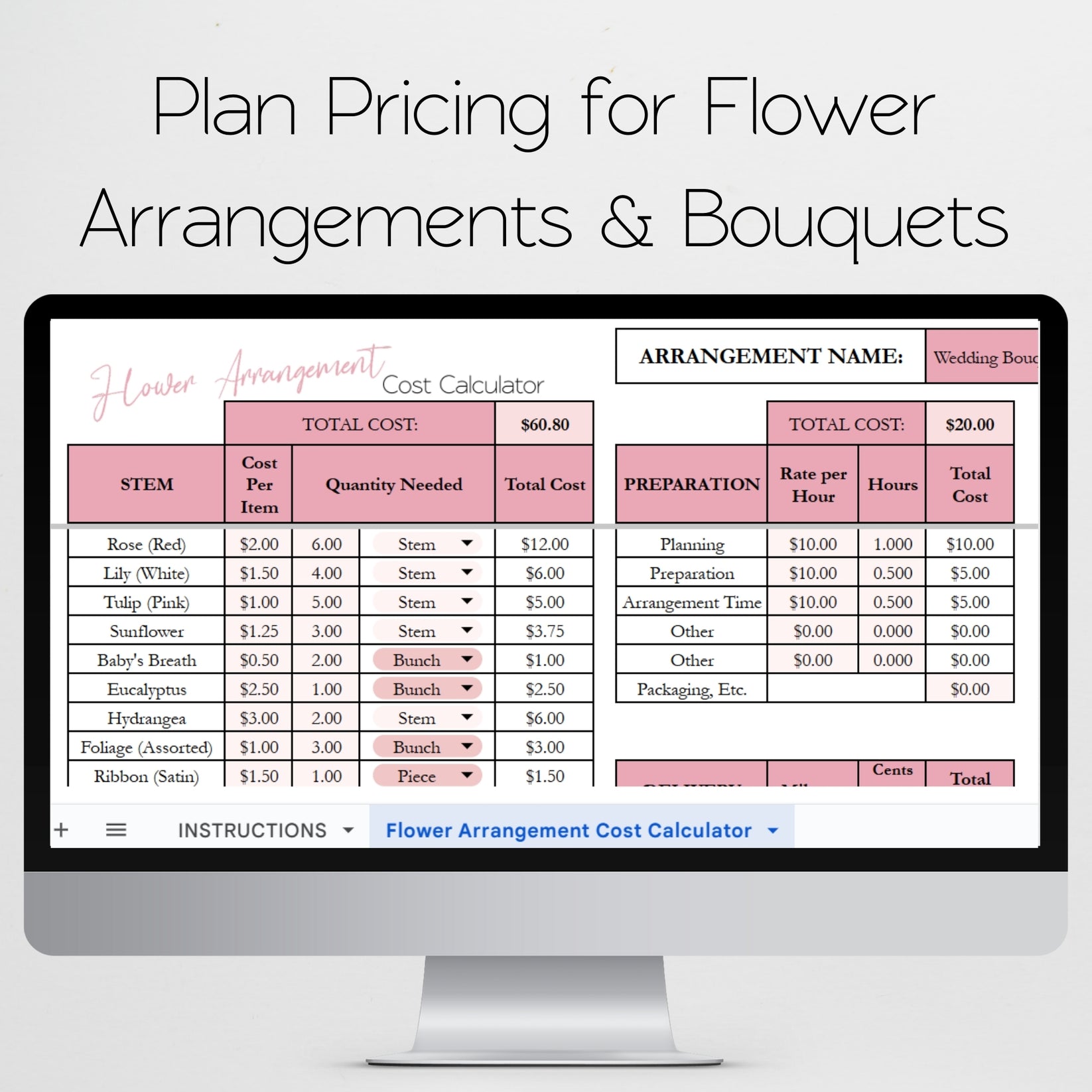 Flower Arrangement Cost Calculator Template for Google Sheets and Exce ...