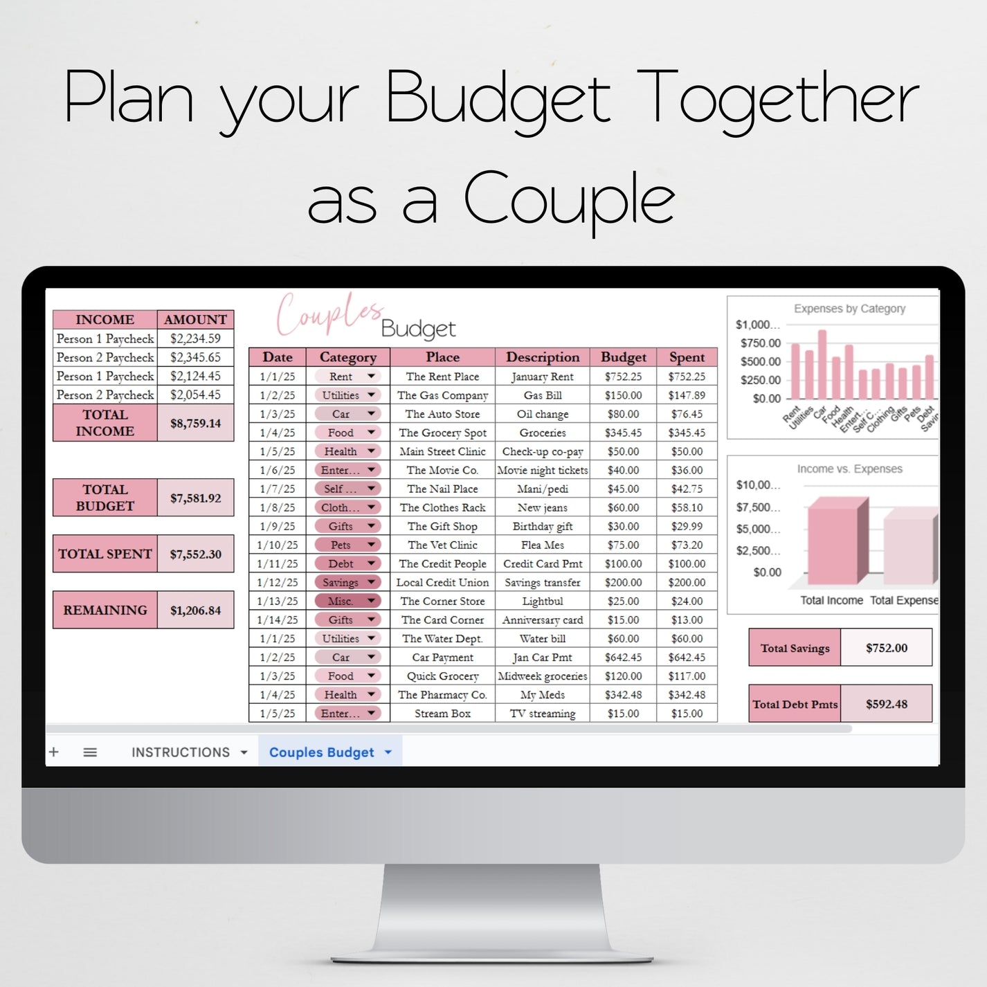 Couples Budget Template Google Sheets and Excel Spreadsheet – Savvy and ...