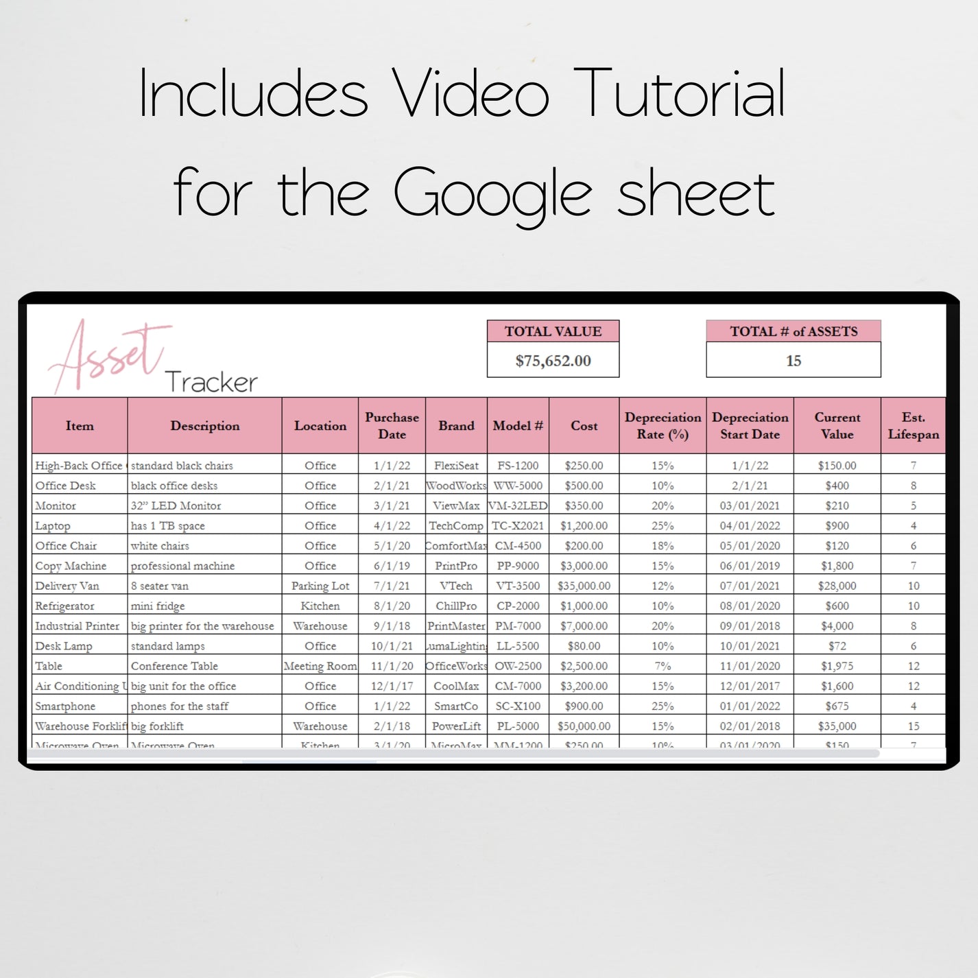 Asset Tracker Template Google Sheets and Excel Spreadsheet – Savvy and ...