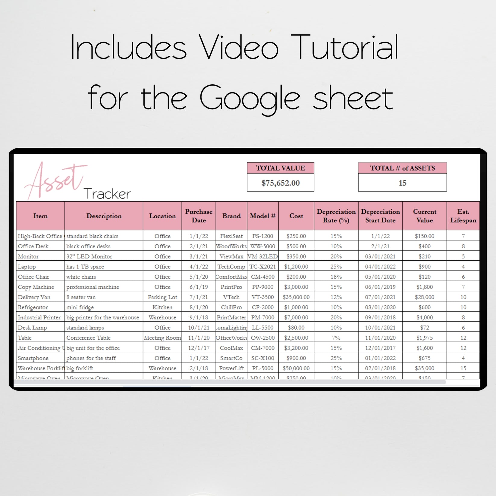Asset Tracker Template Google Sheets and Excel Spreadsheet – Savvy and ...