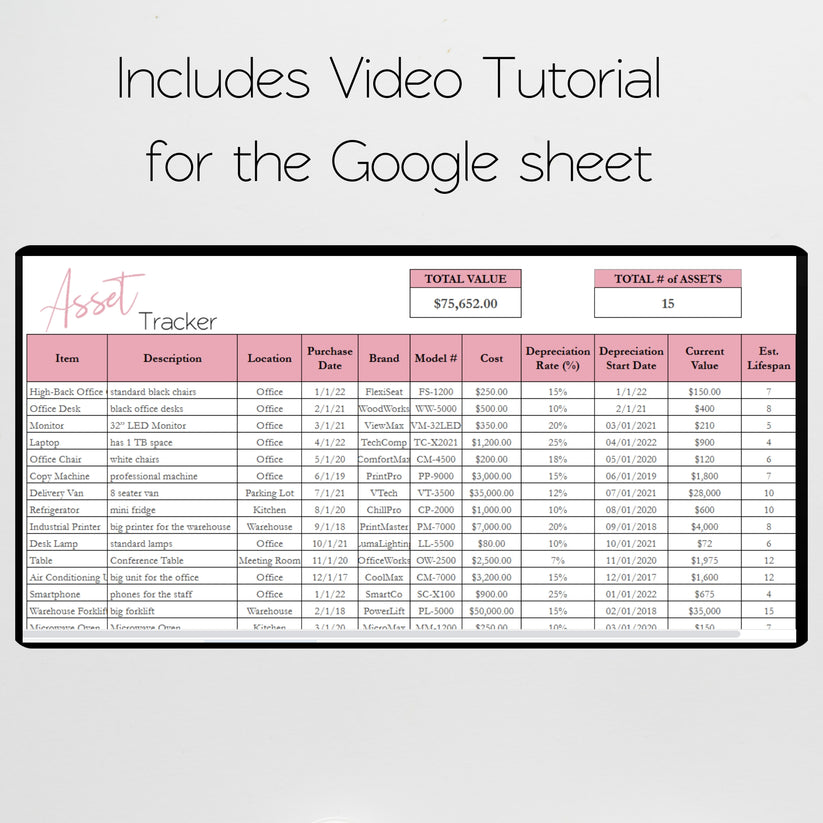 Asset Tracker Template Google Sheets and Excel Spreadsheet – Savvy and ...