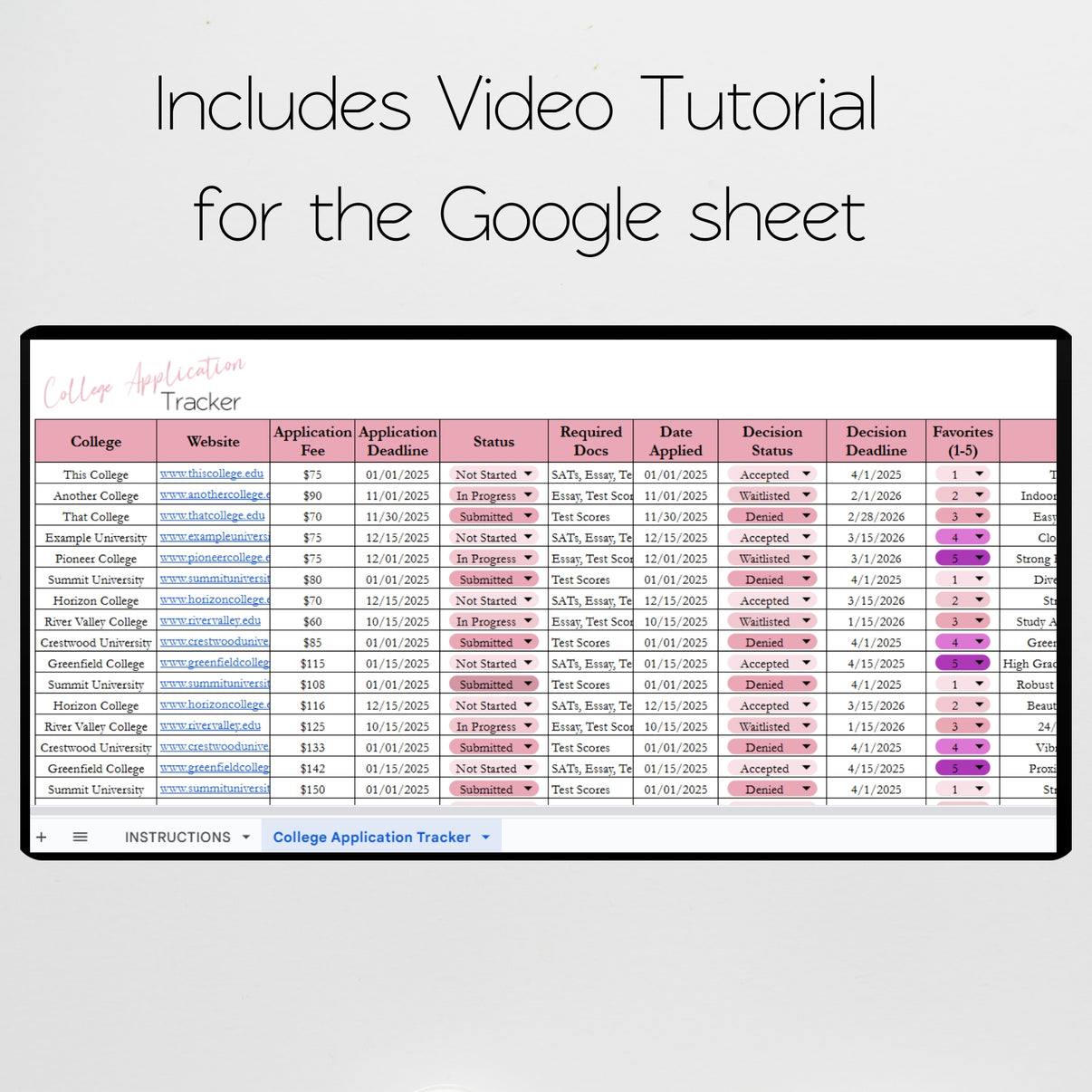 College Application Tracker Template Google Sheets and Excel Spreadshe ...
