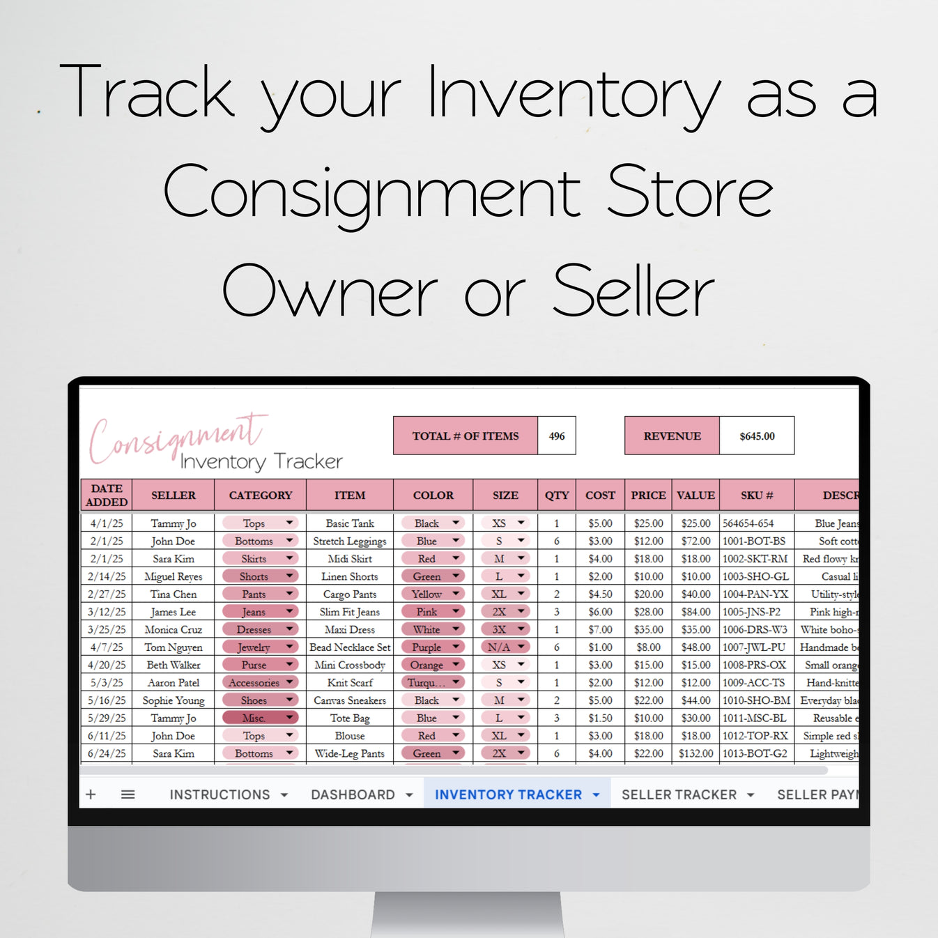 Consignment Inventory Tracker Template for Google Sheets and Excel Spr ...