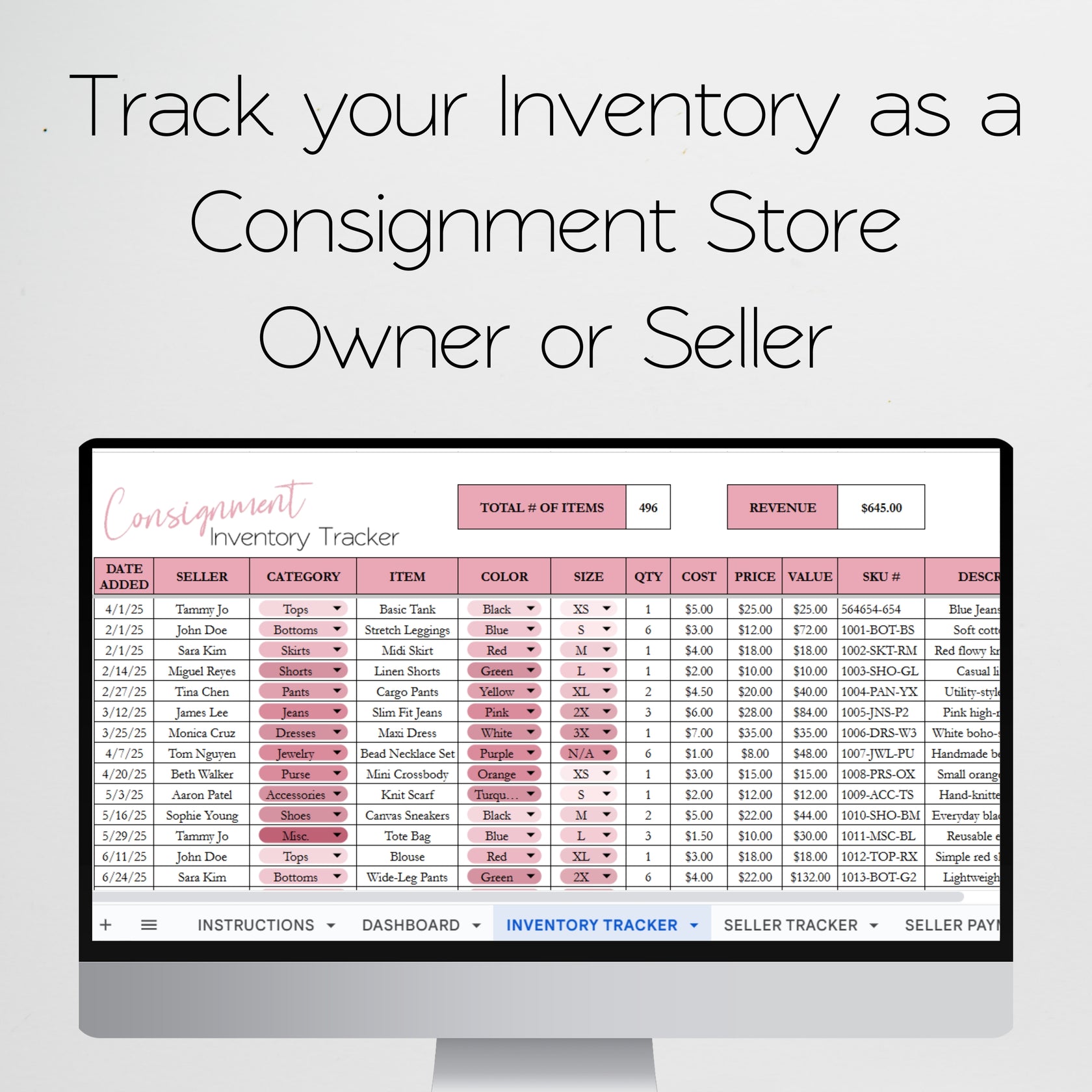 Consignment Inventory Tracker Template for Google Sheets and Excel Spr ...