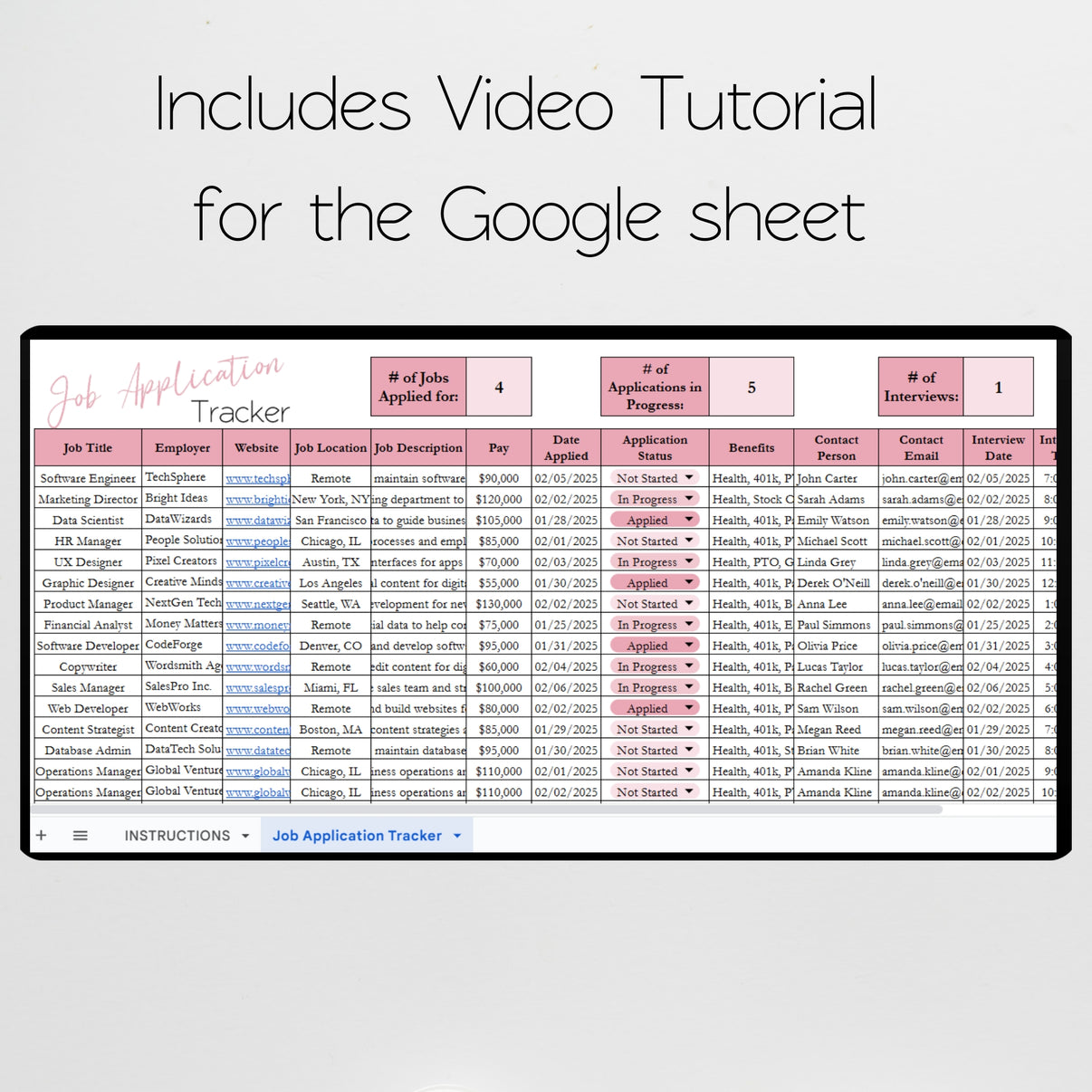 Job Application Tracker Excel Spreadsheet and Google Sheets Template ...
