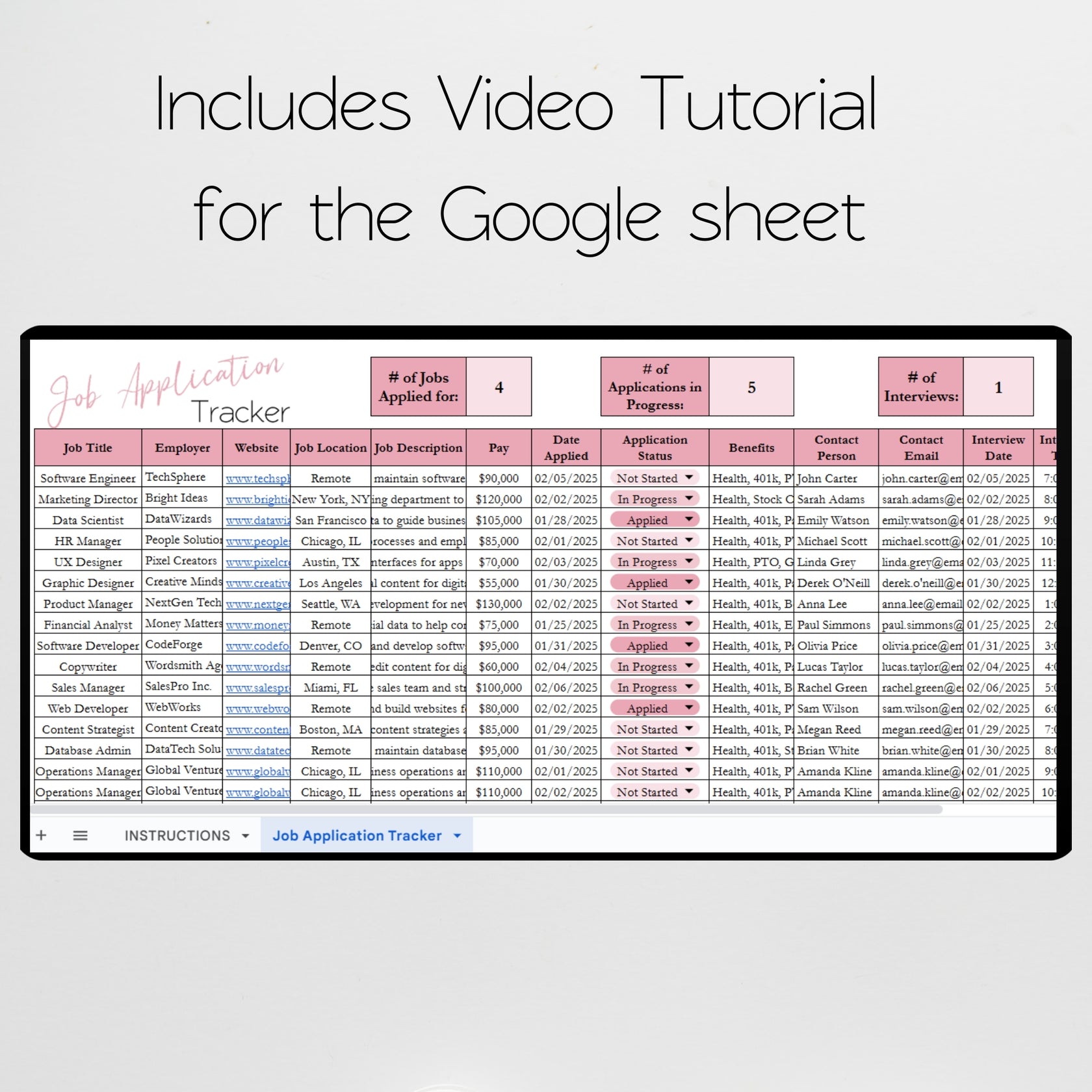 Job Application Tracker Excel Spreadsheet and Google Sheets Template ...