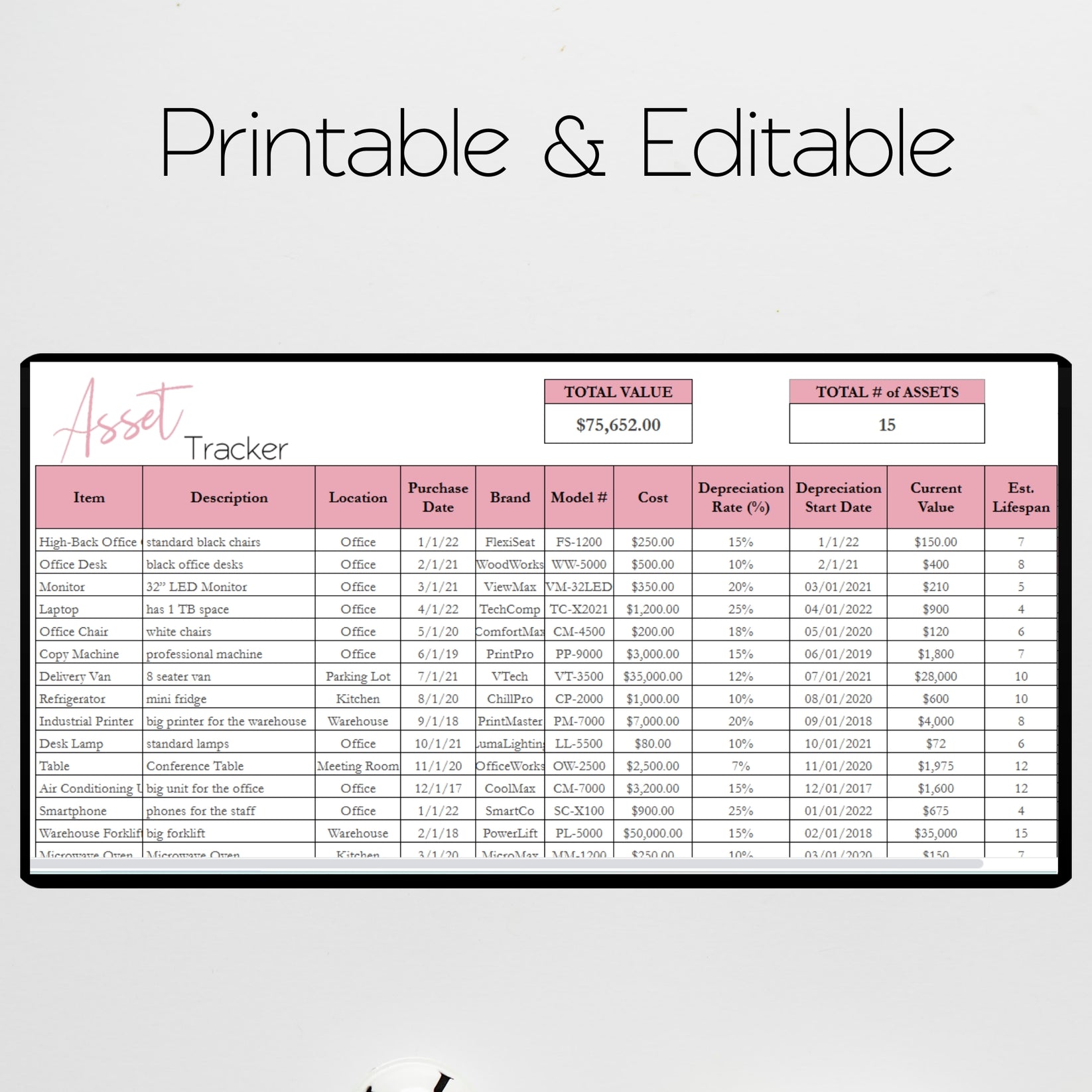 Asset Tracker Template Google Sheets and Excel Spreadsheet – Savvy and ...