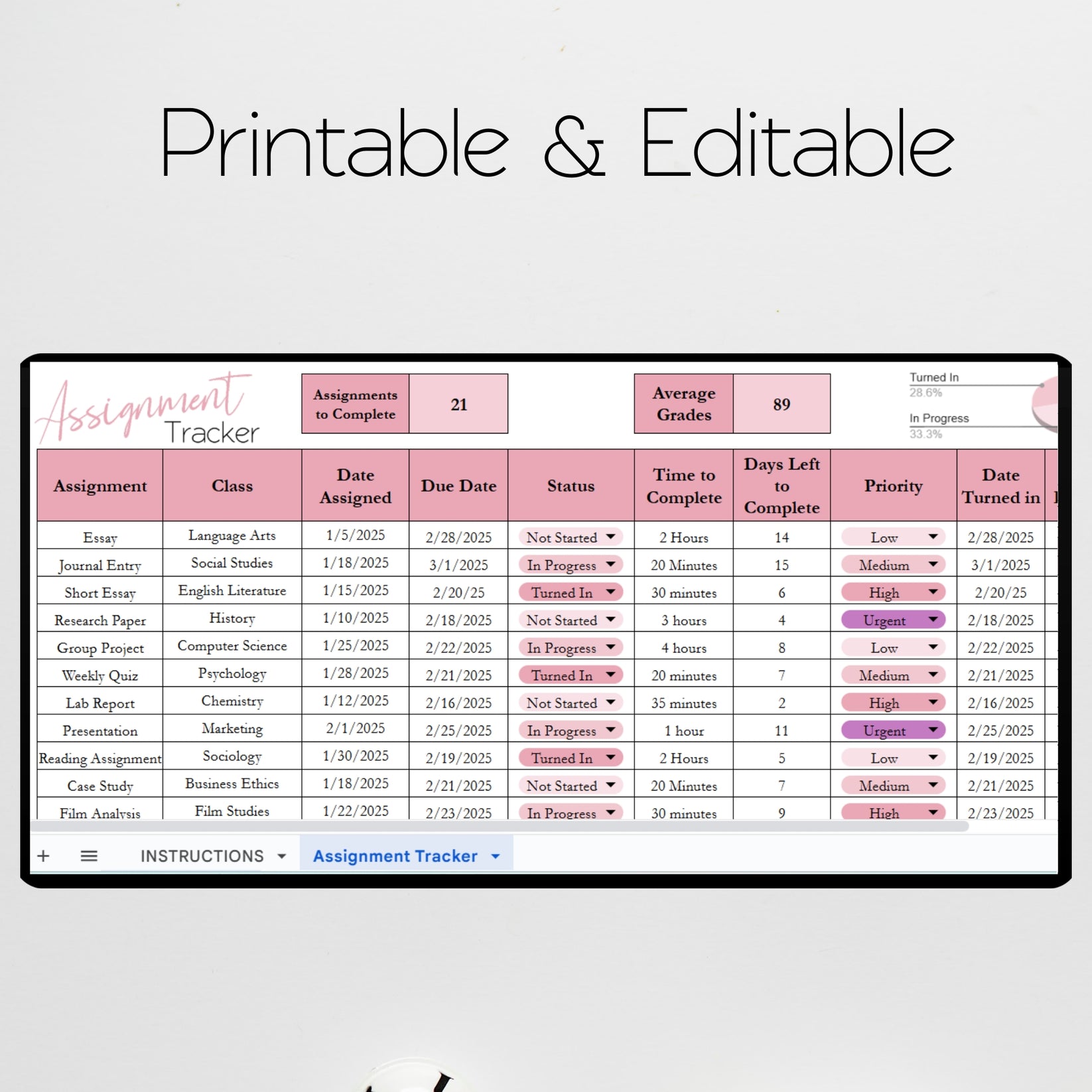 Assignment Tracker Template Google Sheet and Excel Spreadsheet – Savvy ...