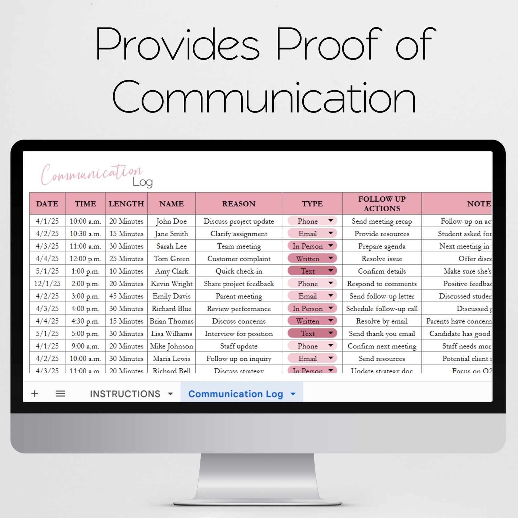 Communication Log Template Google Sheets and Excel Spreadsheet – Savvy ...
