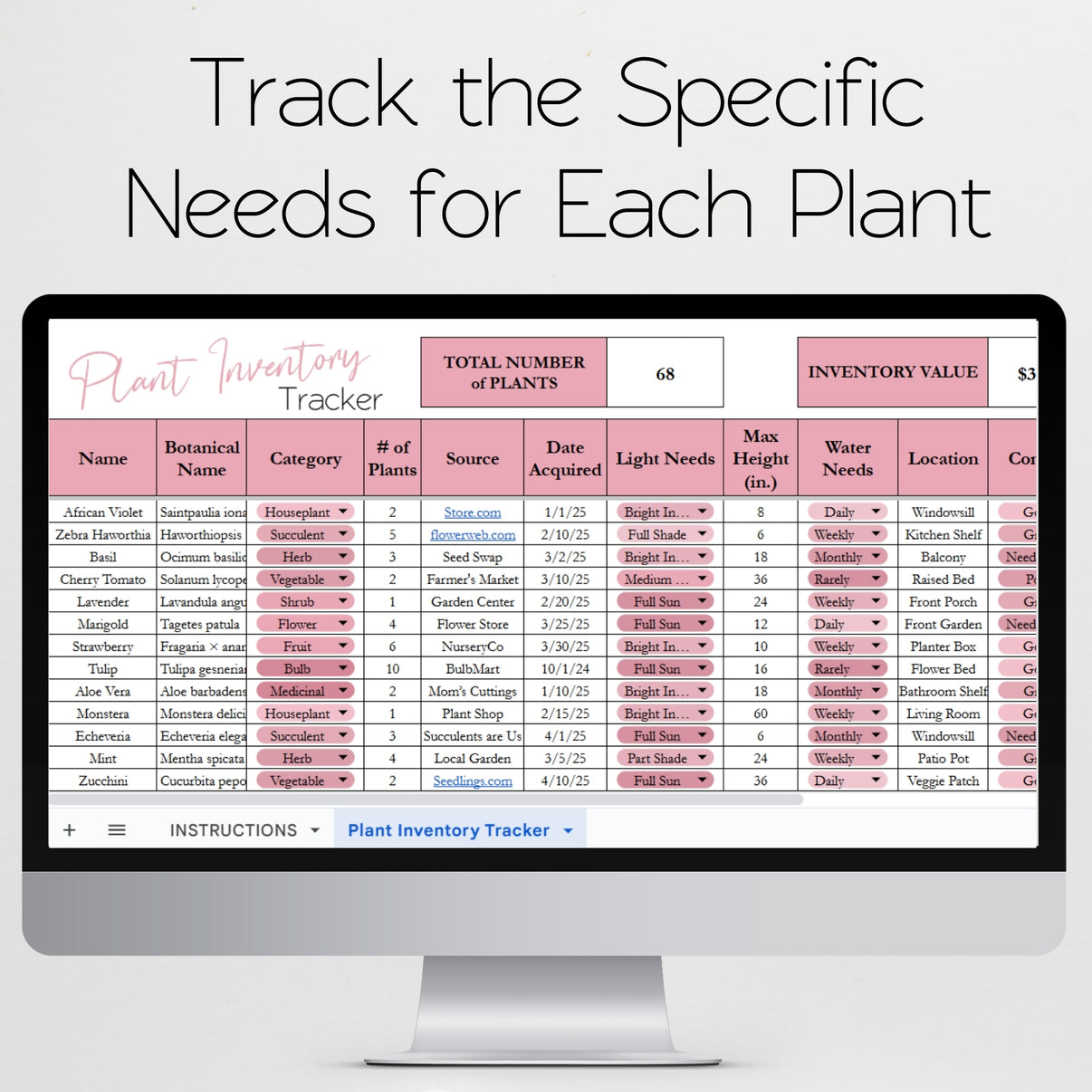 Plant Inventory Tracker Template for Google Sheets and Excel Spreadshe ...