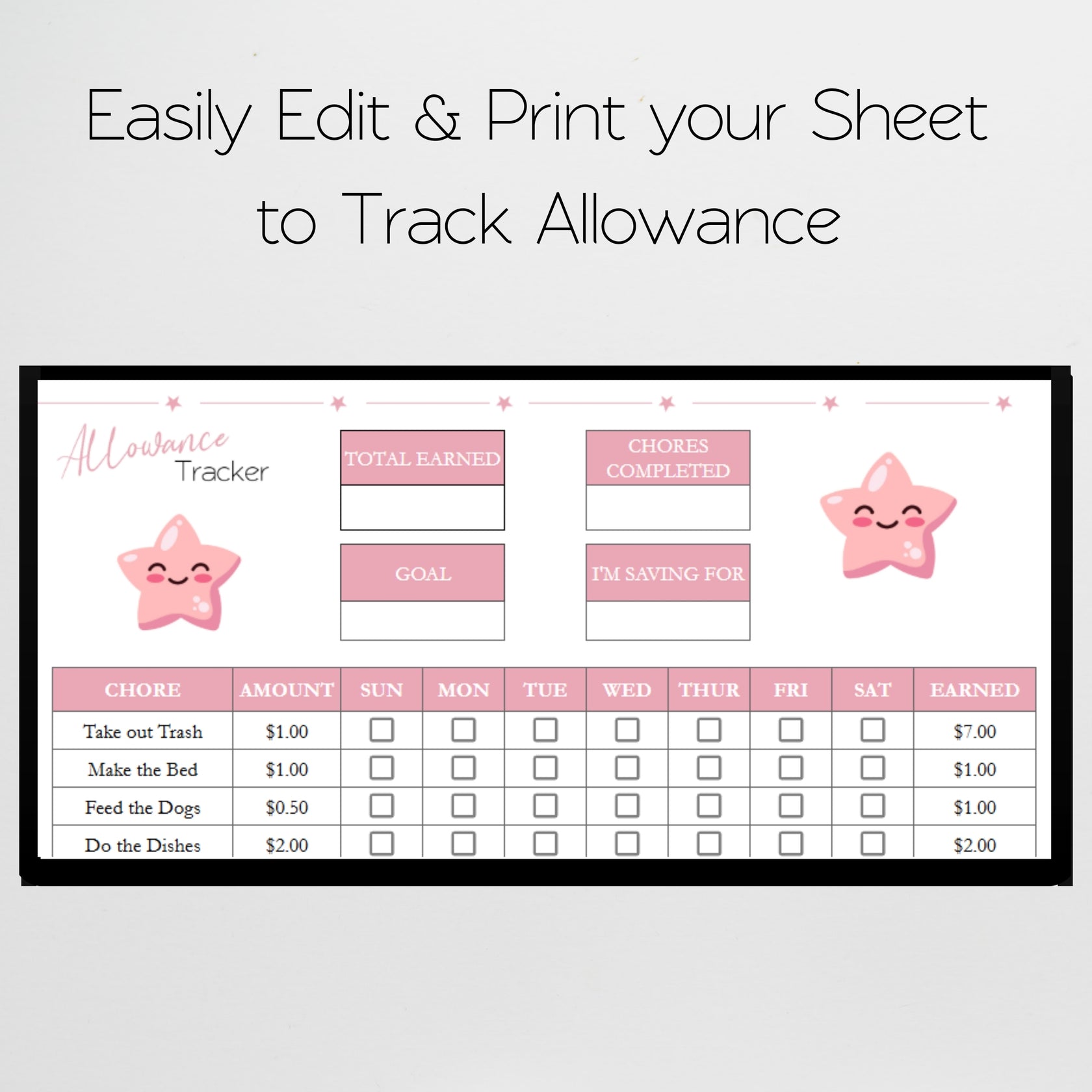 Allowance Tracker Spreadsheet for Kids Template Excel and Google Sheet ...