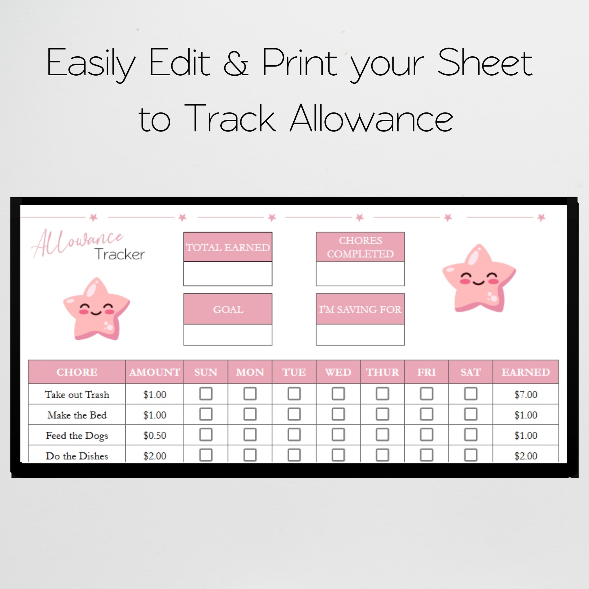 Allowance Tracker Spreadsheet for Kids Template Excel and Google Sheet ...
