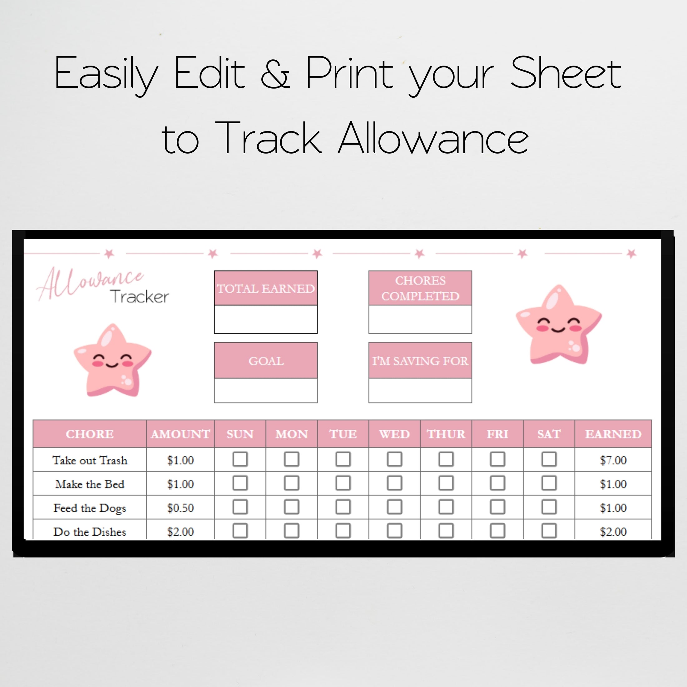 Allowance Tracker Spreadsheet for Kids Template Excel and Google Sheet ...
