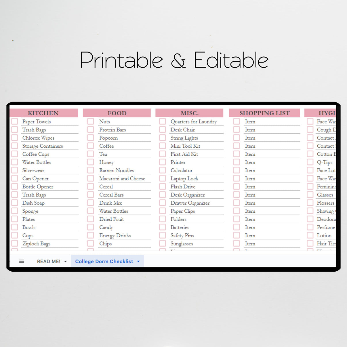 College Dorm Room Essentials Checklist Template Google Sheets Excel Sp ...