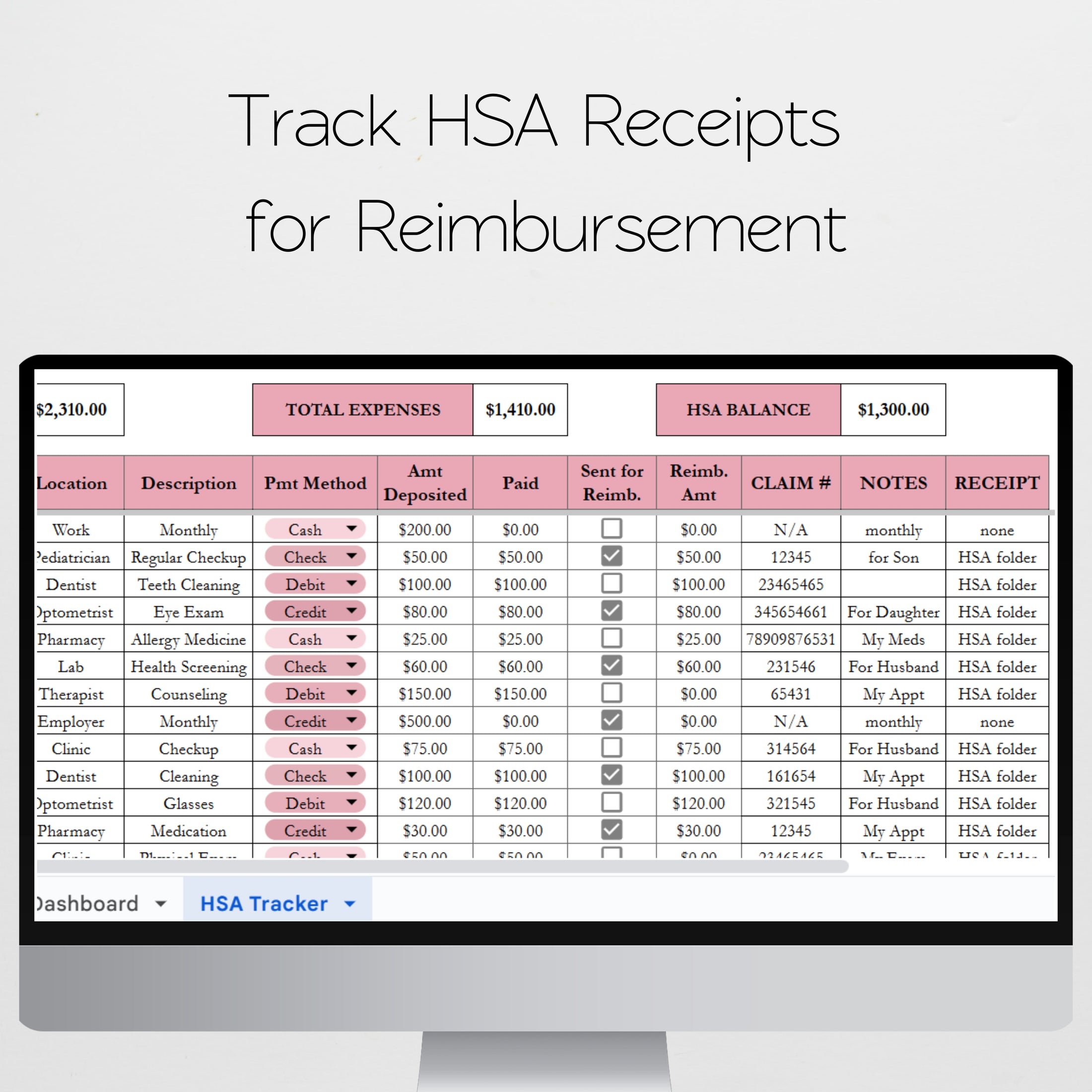 HSA Tracker Template FSA Tracker Google Sheets and Excel Spreadsheet ...