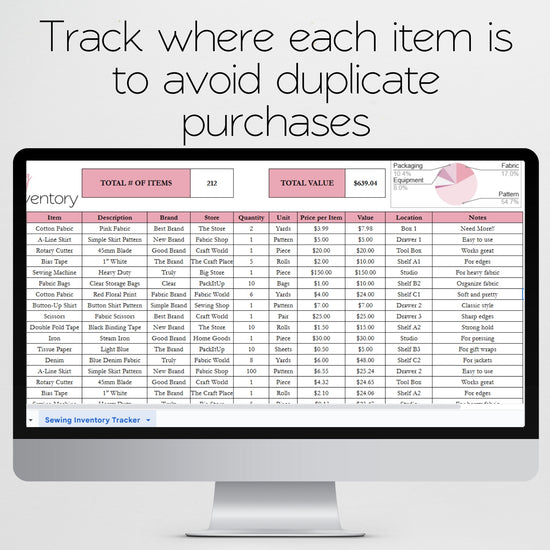Sewing Inventory Tracker Template Google Sheets and Excel Spreadsheet ...
