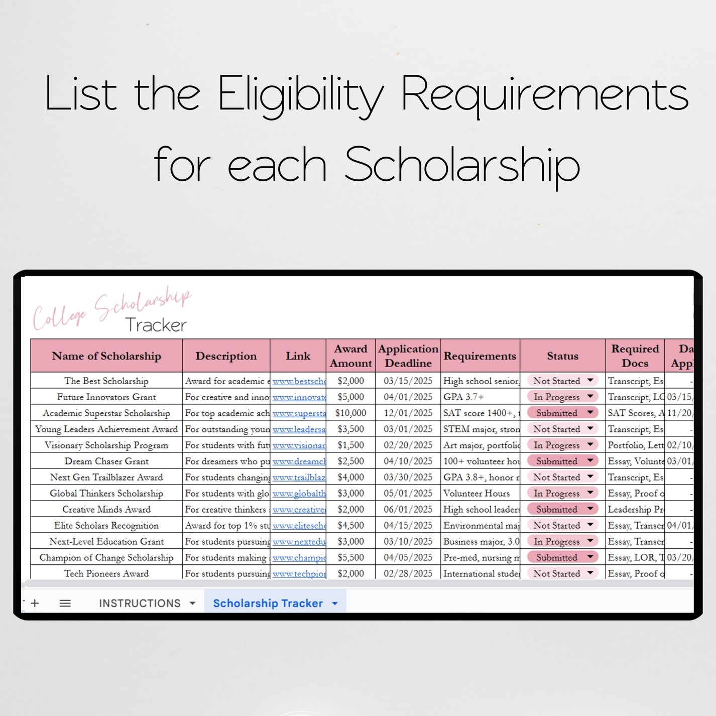 College Scholarship Tracker Template Google Sheets and Excel Spreadshe ...