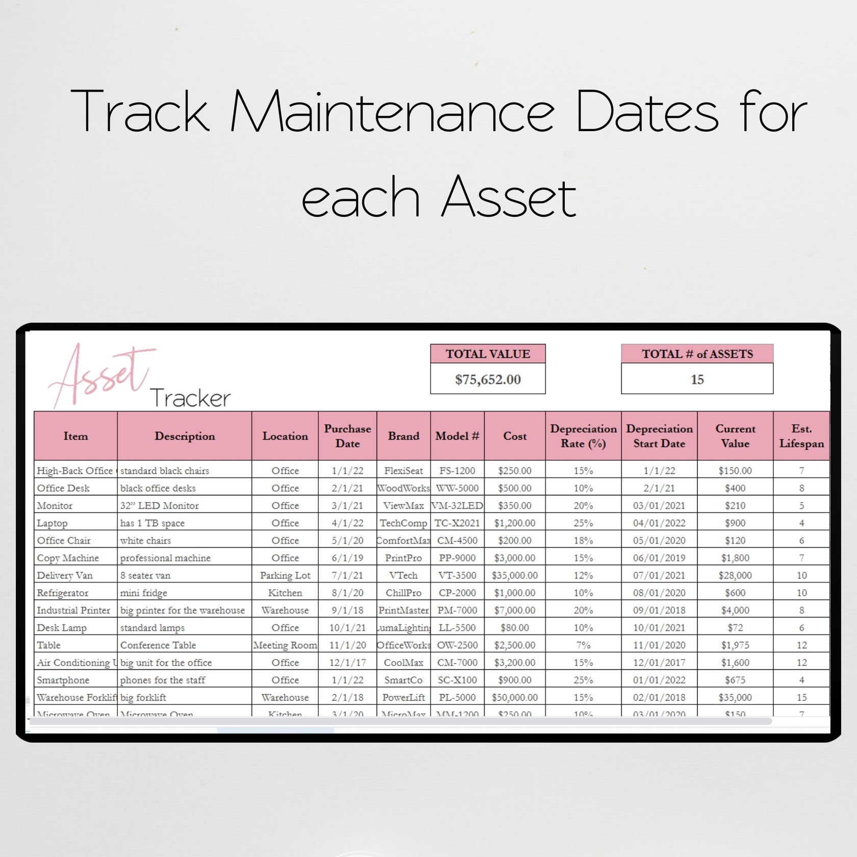 Asset Tracker Template Google Sheets and Excel Spreadsheet – Savvy and ...