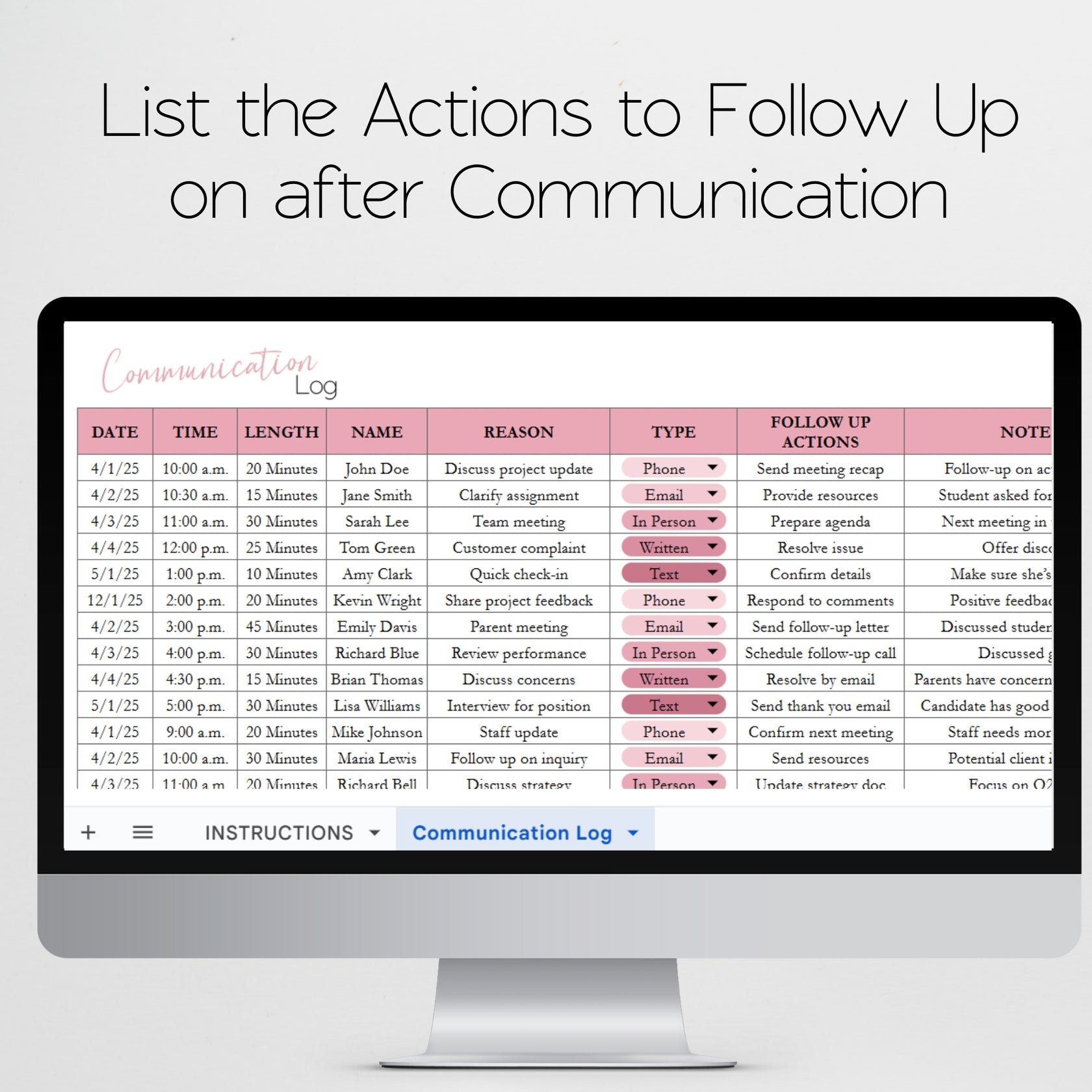Communication Log Template Google Sheets and Excel Spreadsheet – Savvy ...