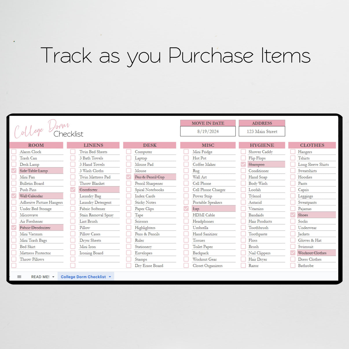 College Dorm Room Essentials Checklist Template Google Sheets Excel Sp ...