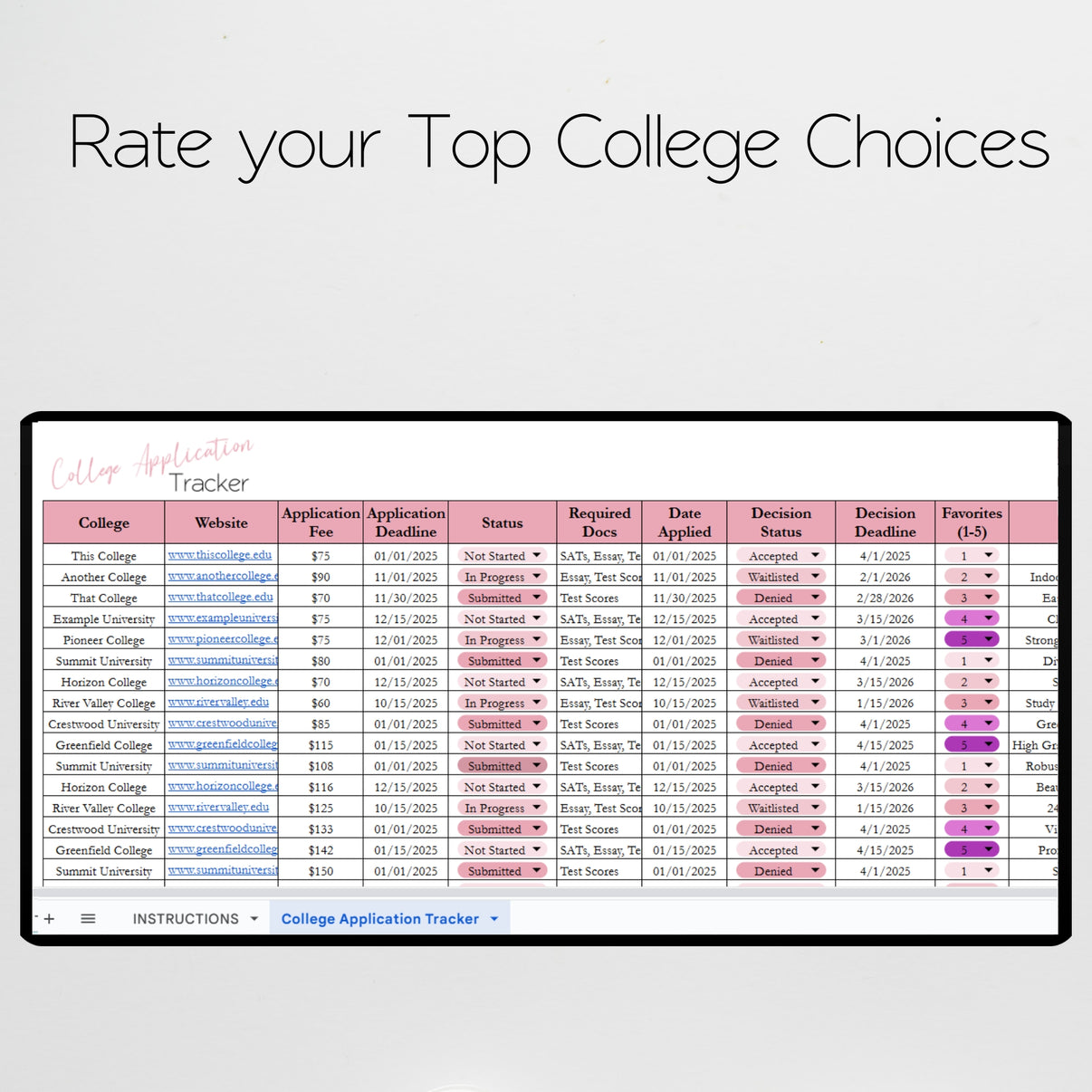 College Application Tracker Template Google Sheets and Excel Spreadshe ...