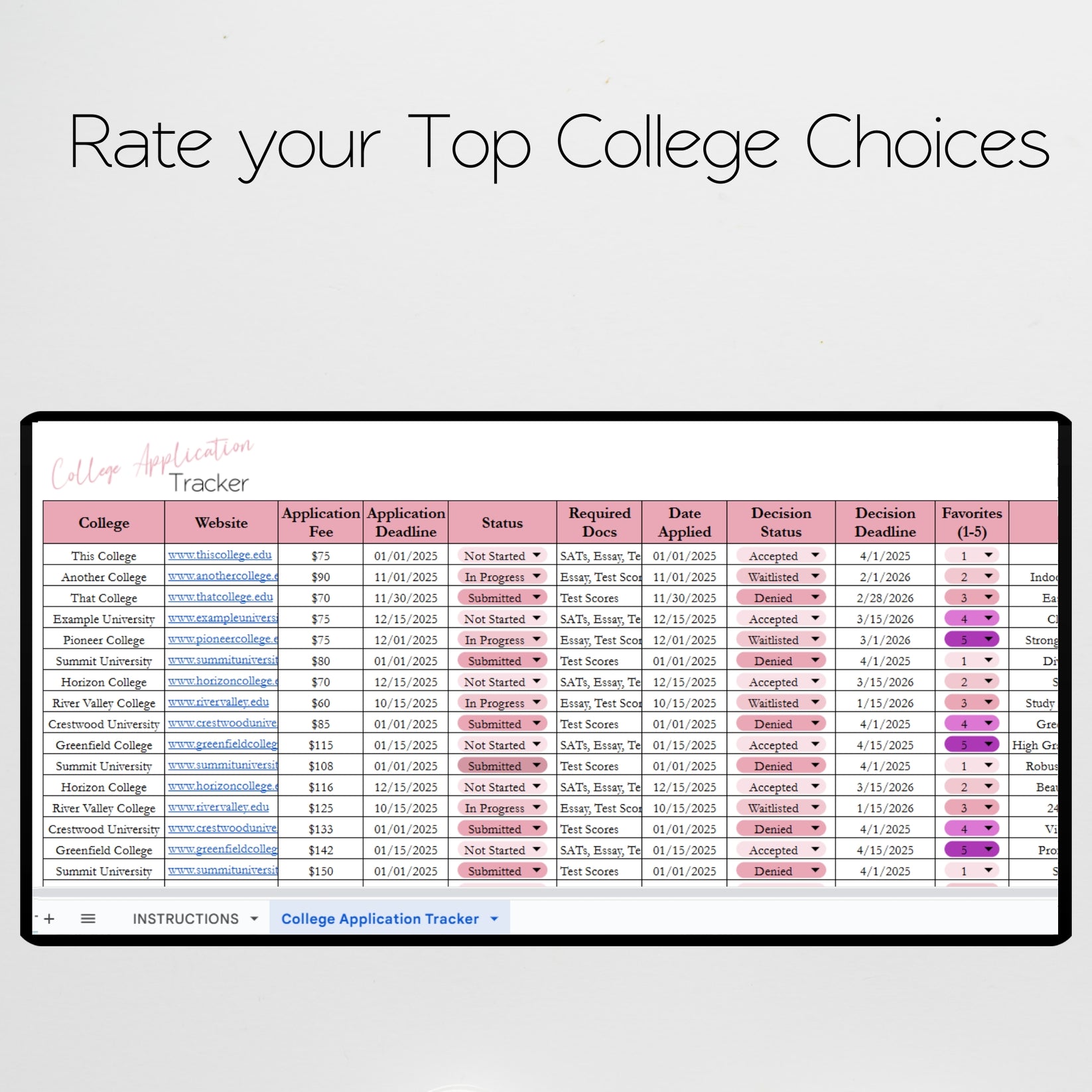 College Application Tracker Template Google Sheets and Excel Spreadshe ...