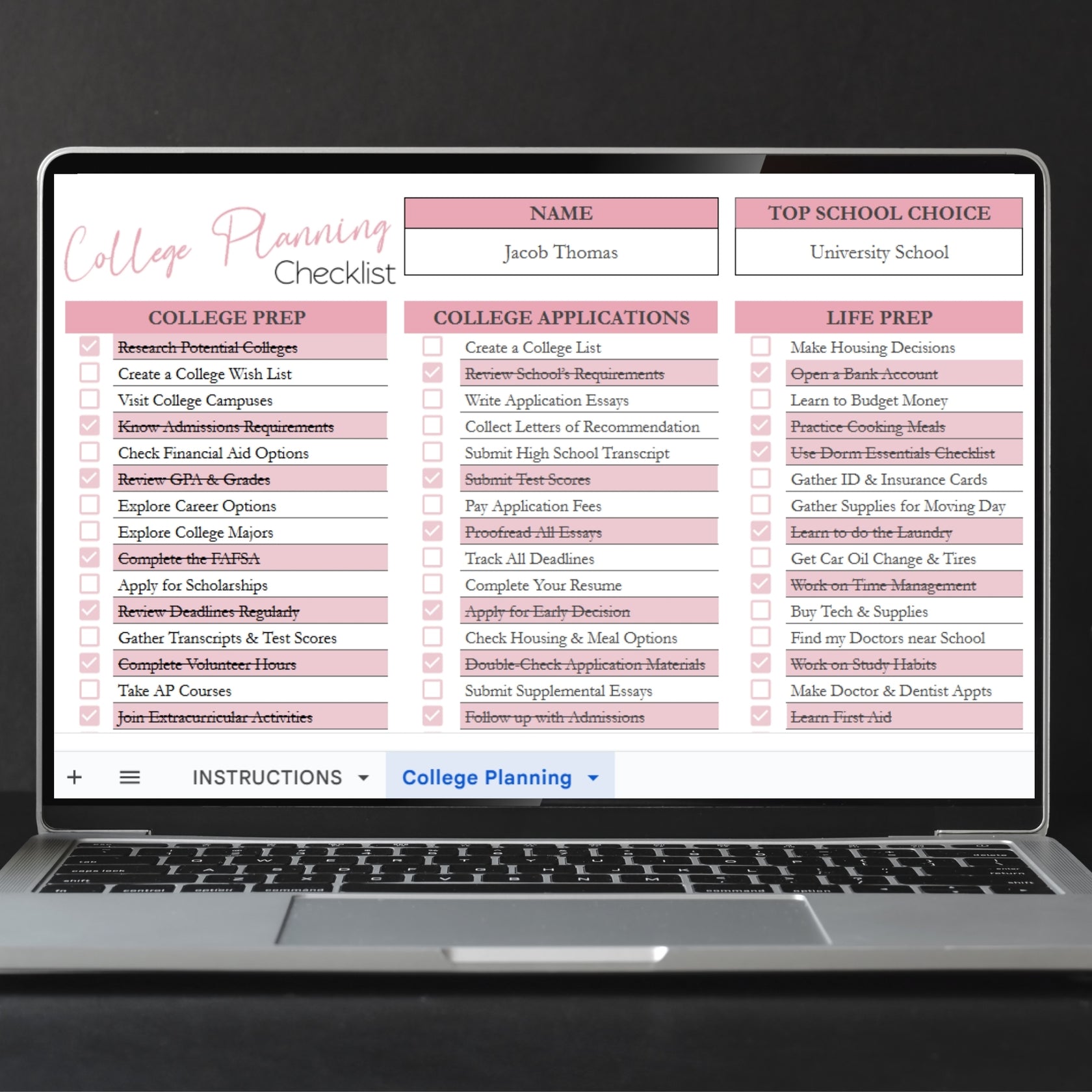 College Planning Checklist Template for Google Sheets and Excel Spread ...