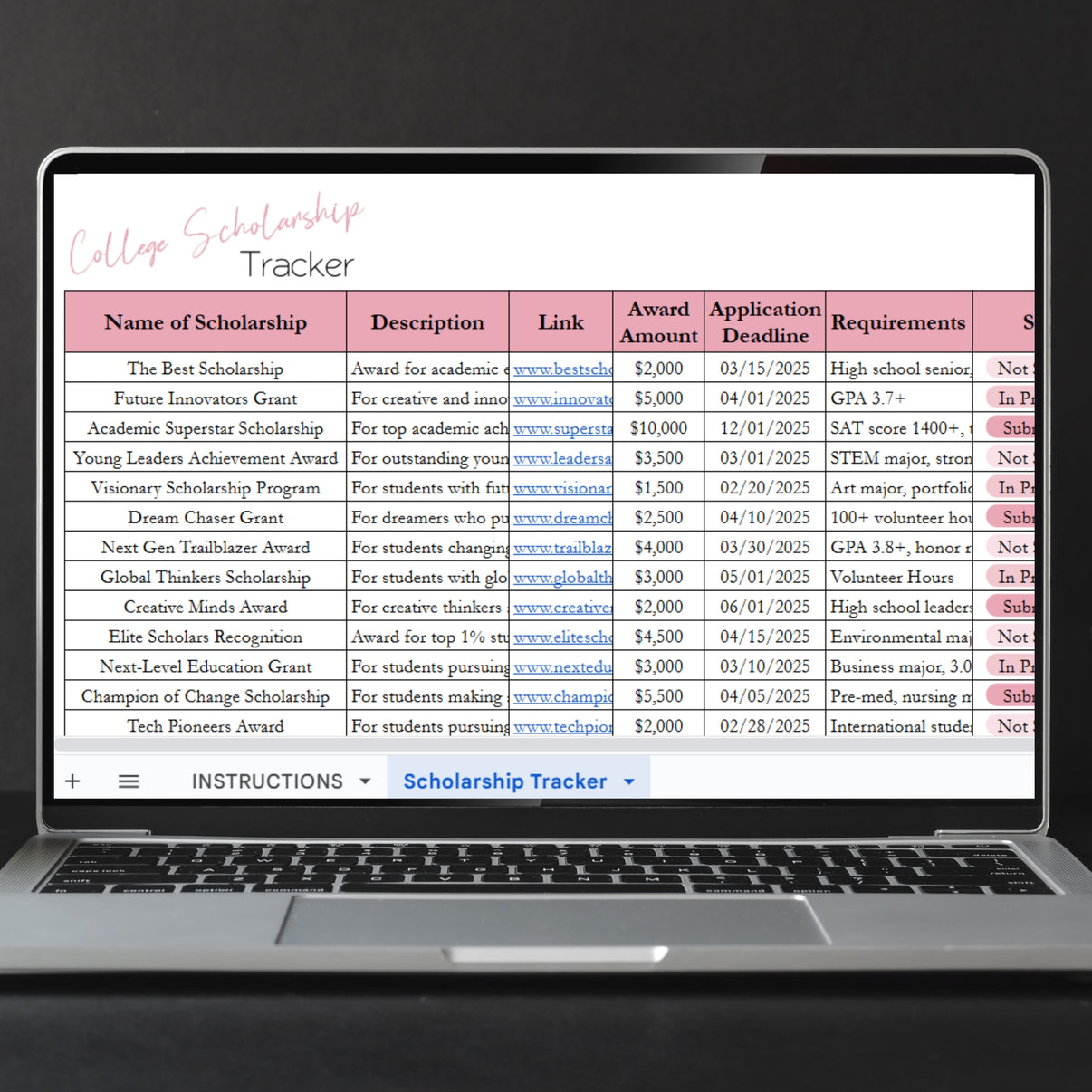 College Scholarship Tracker Template Google Sheets and Excel Spreadshe ...