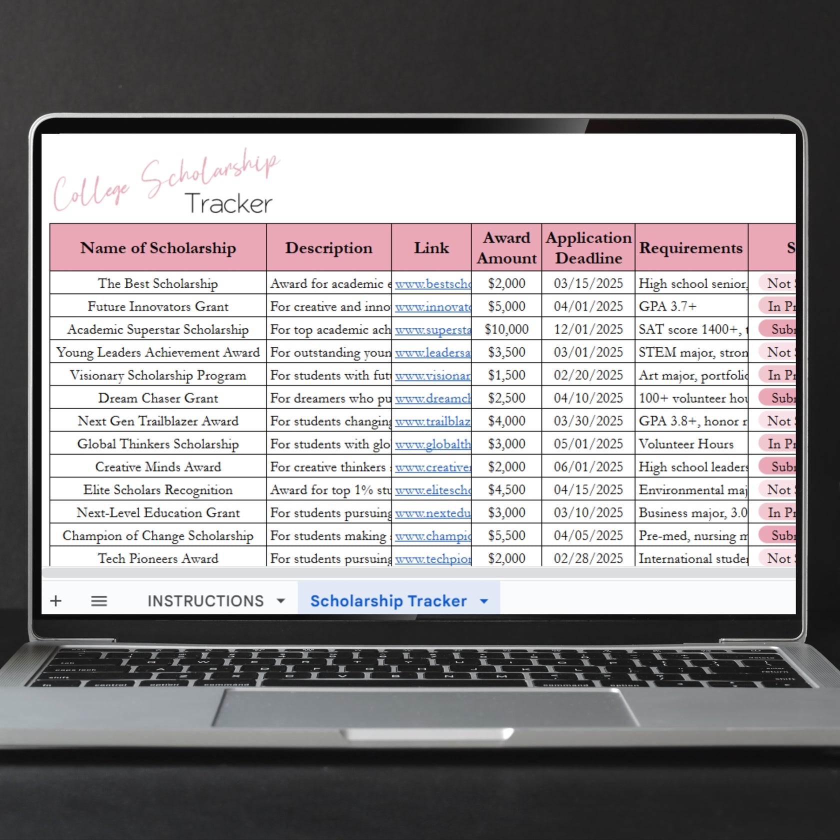 College Scholarship Tracker Template Google Sheets and Excel Spreadshe ...