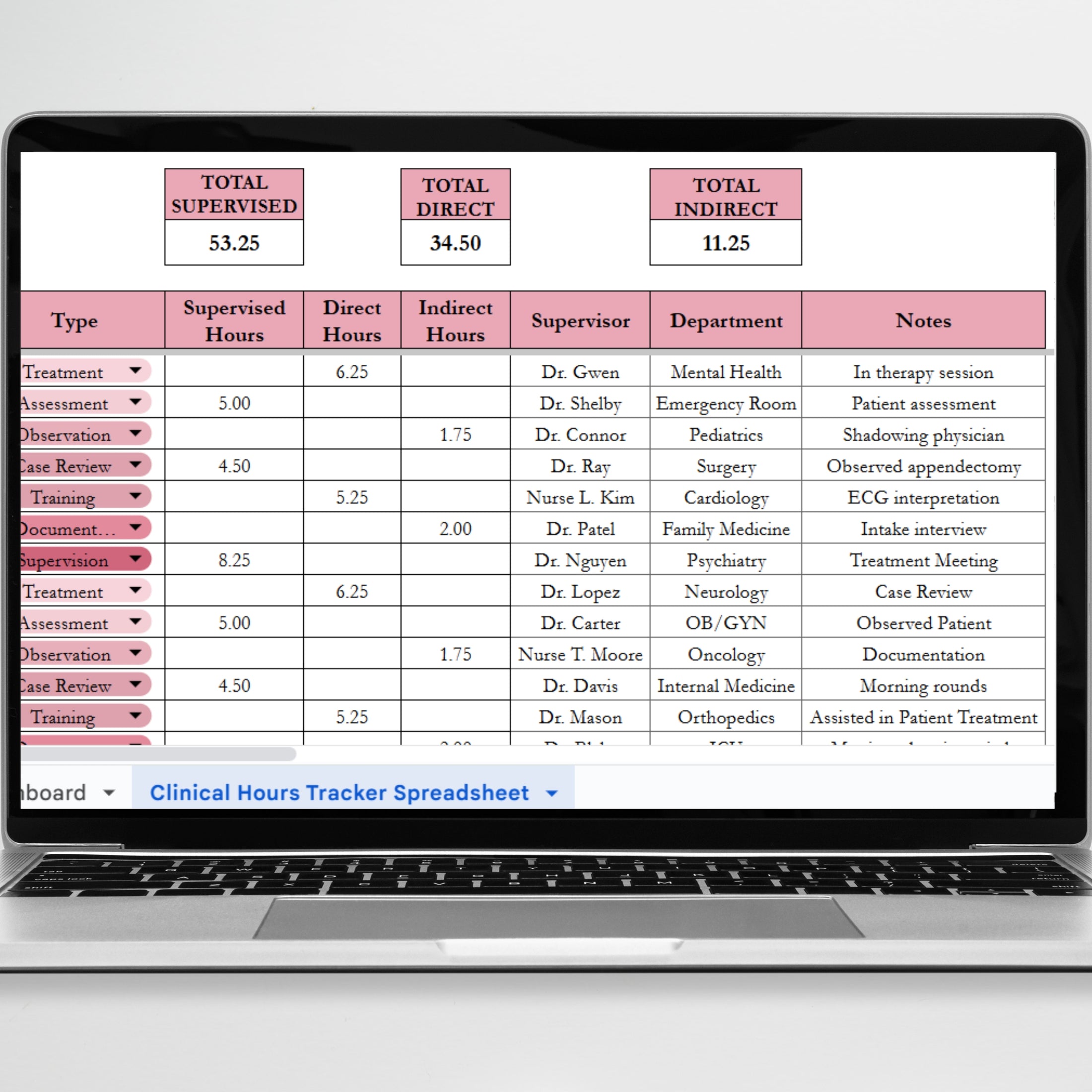 Clinical Hours Tracker Template Excel Spreadsheet and Google Sheets ...