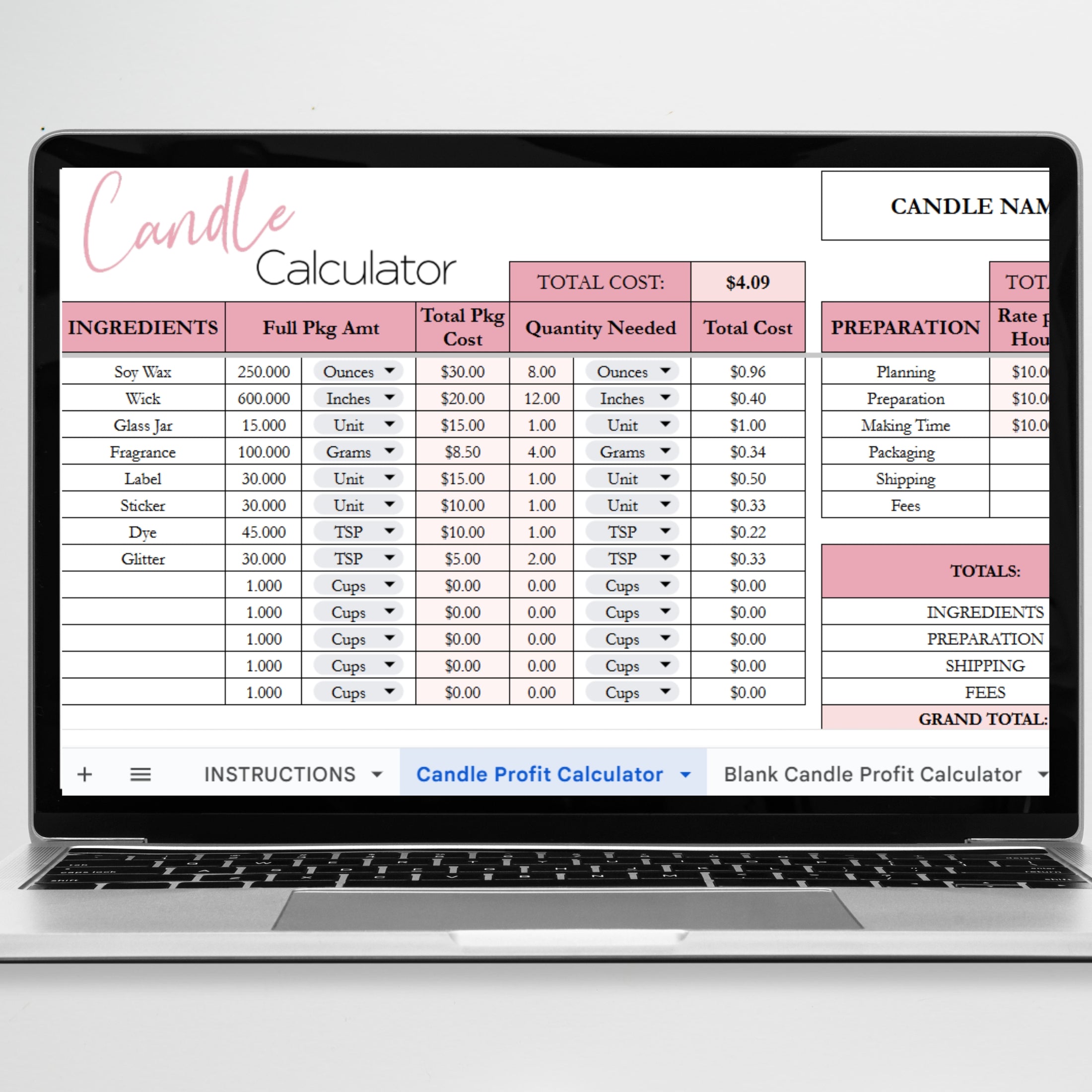 Candle Calculator Spreadsheet Google Sheet and Excel for Cost, Wax, an ...