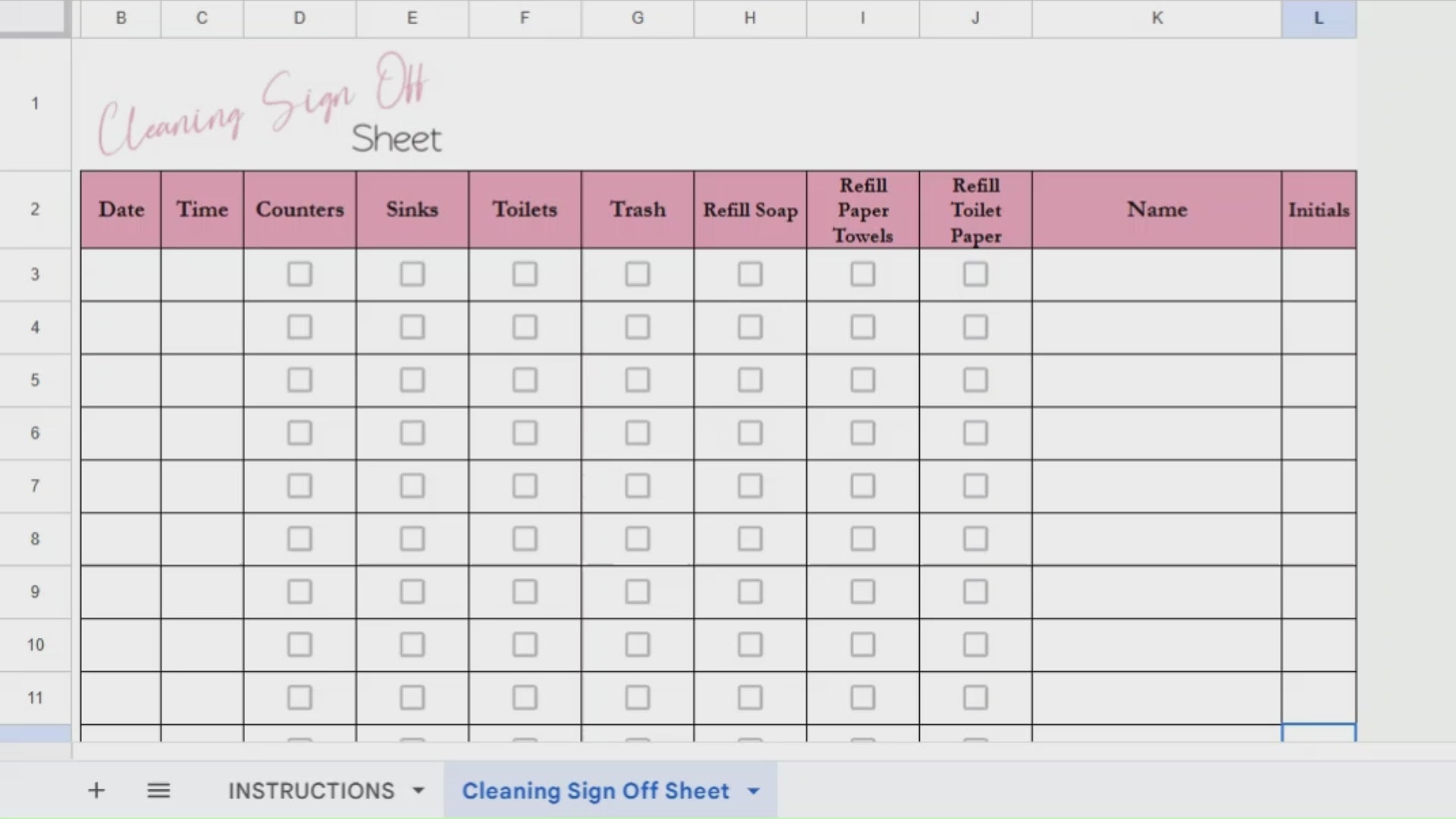 Bathroom Cleaning Sign Off Sheet Google Sheets and Excel Spreadsheet ...