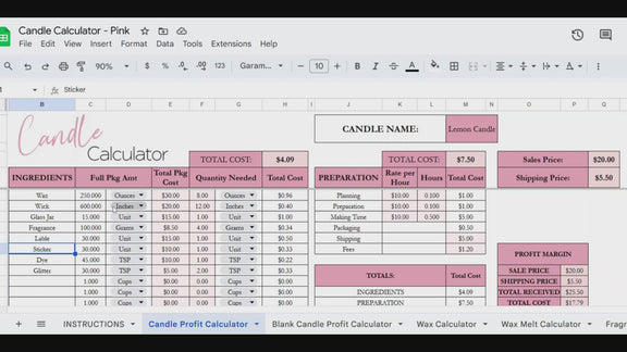 Candle Calculator Spreadsheet Google Sheet and Excel for Cost, Wax, an ...