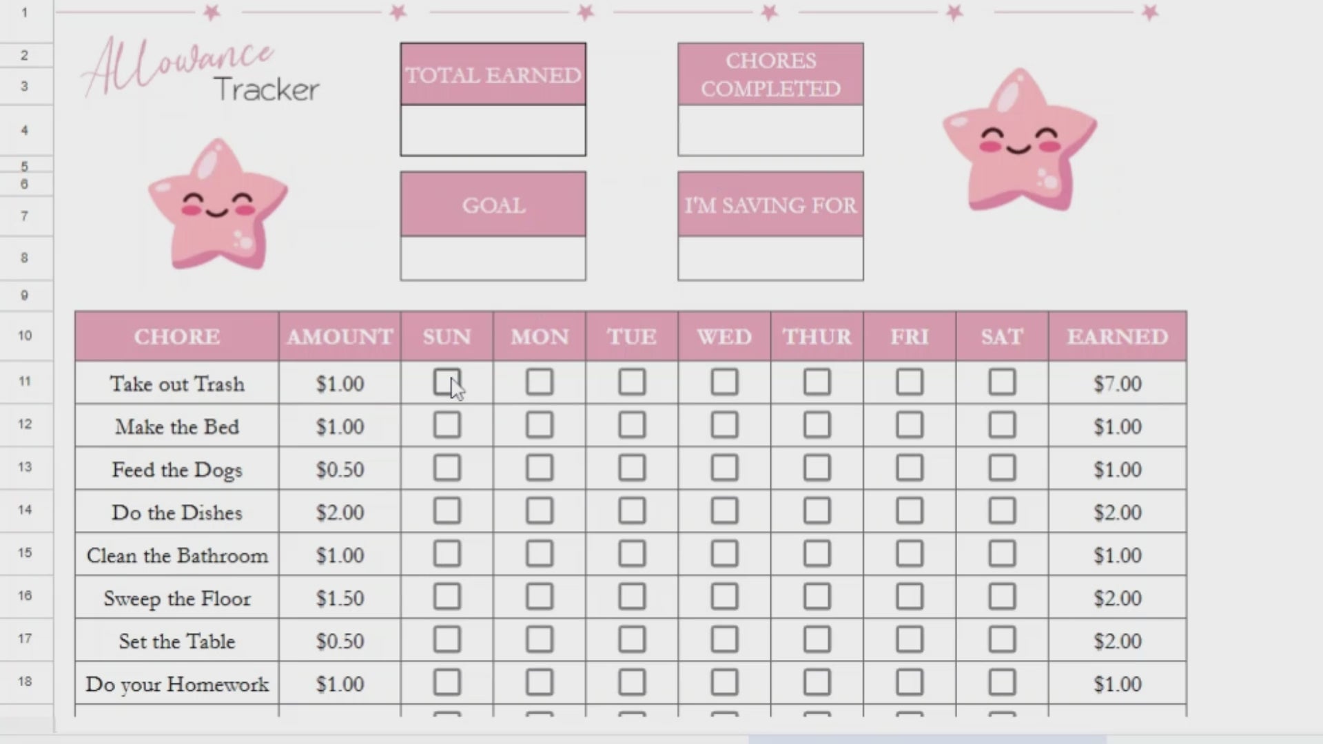 Allowance Tracker Spreadsheet for Kids Template Excel and Google Sheet ...