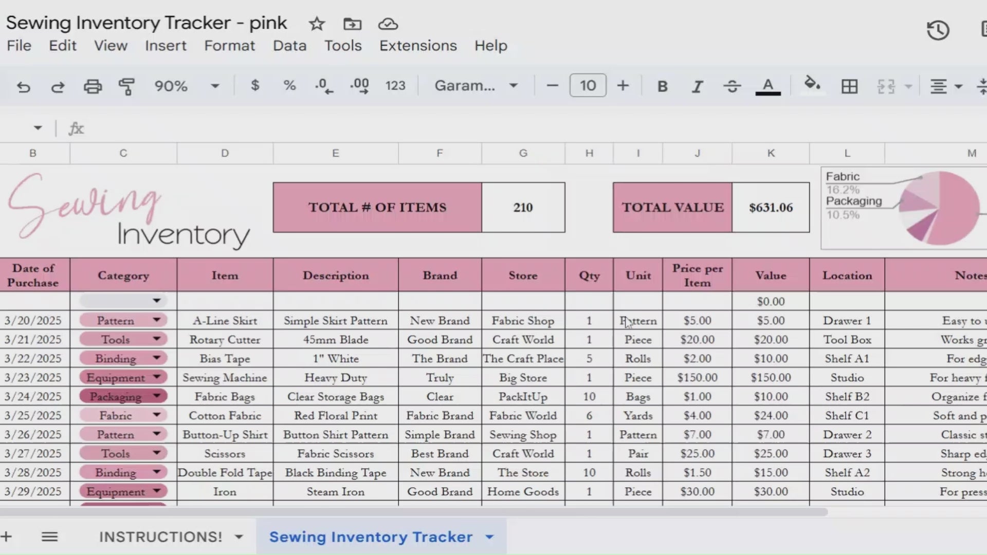 Sewing Inventory Tracker Template Google Sheets and Excel Spreadsheet ...