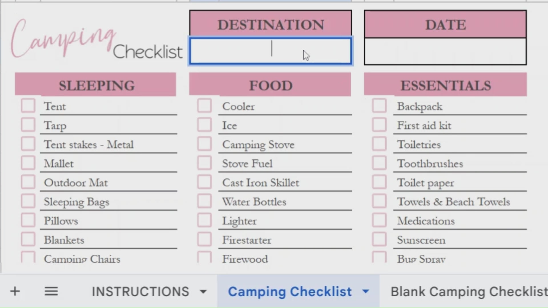 Camping Checklist Template for Google Sheets and Excel Spreadsheet ...