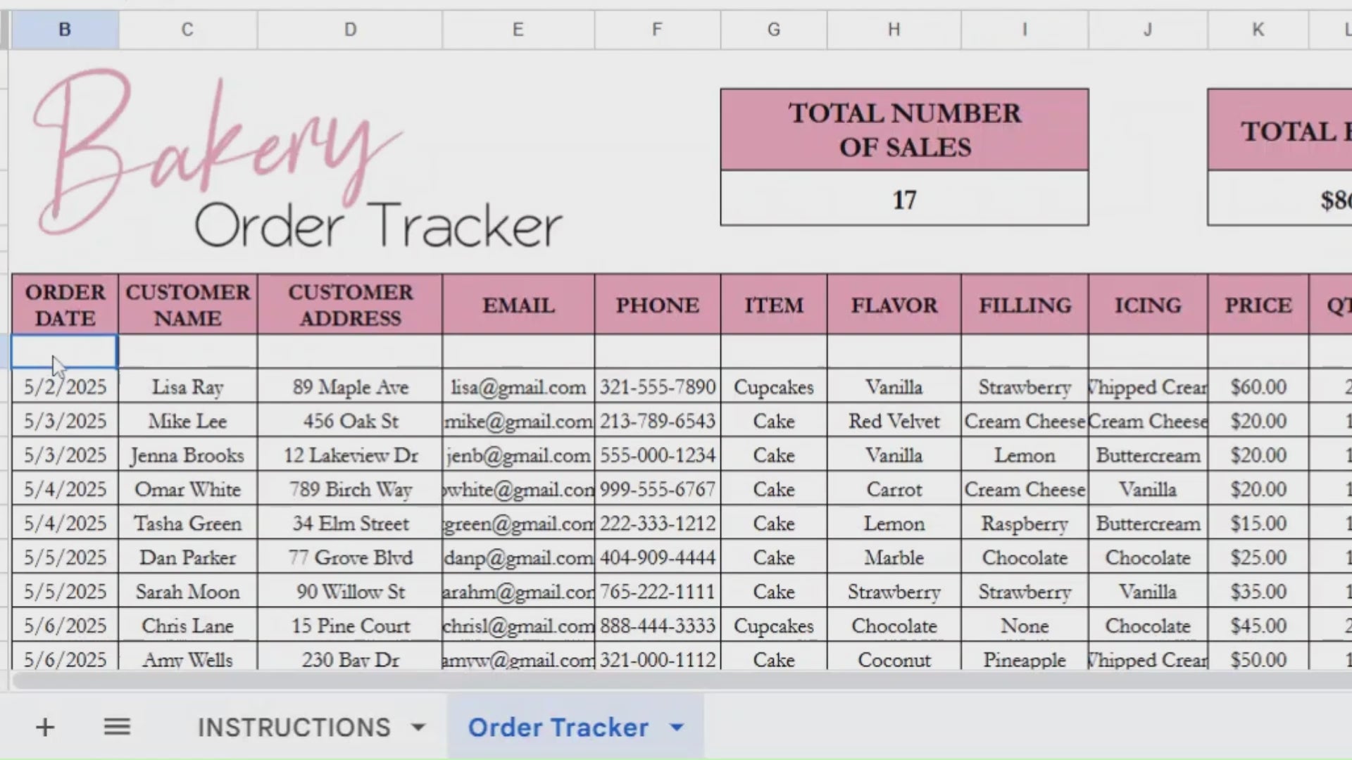 Bakery Order Tracker Template Google Sheets and Excel Spreadsheet ...