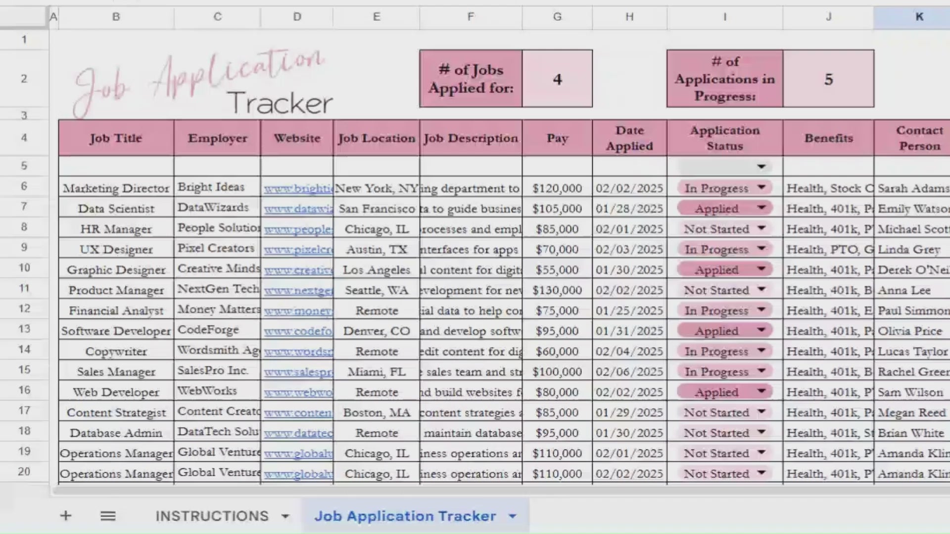 Job Application Tracker Excel Spreadsheet and Google Sheets Template ...