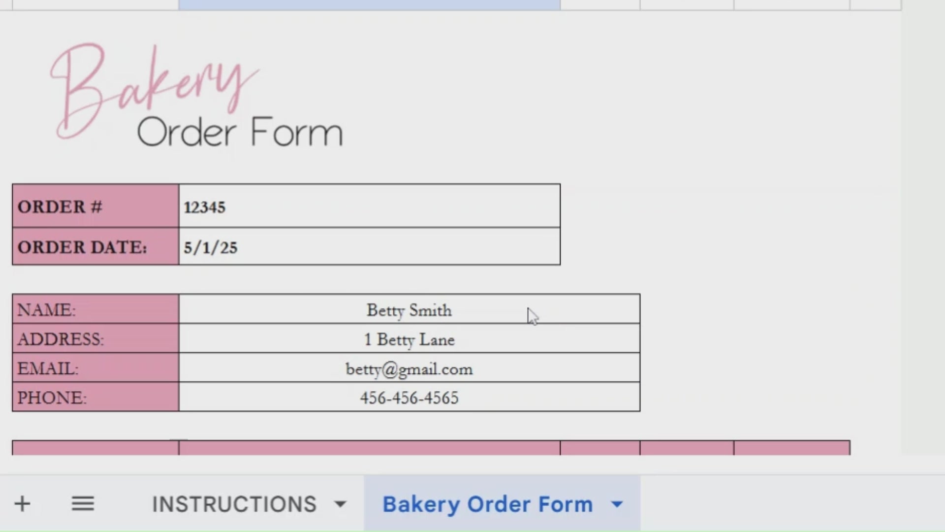 Bakery Order Form Template Google Sheets and Excel Spreadsheet – Savvy ...