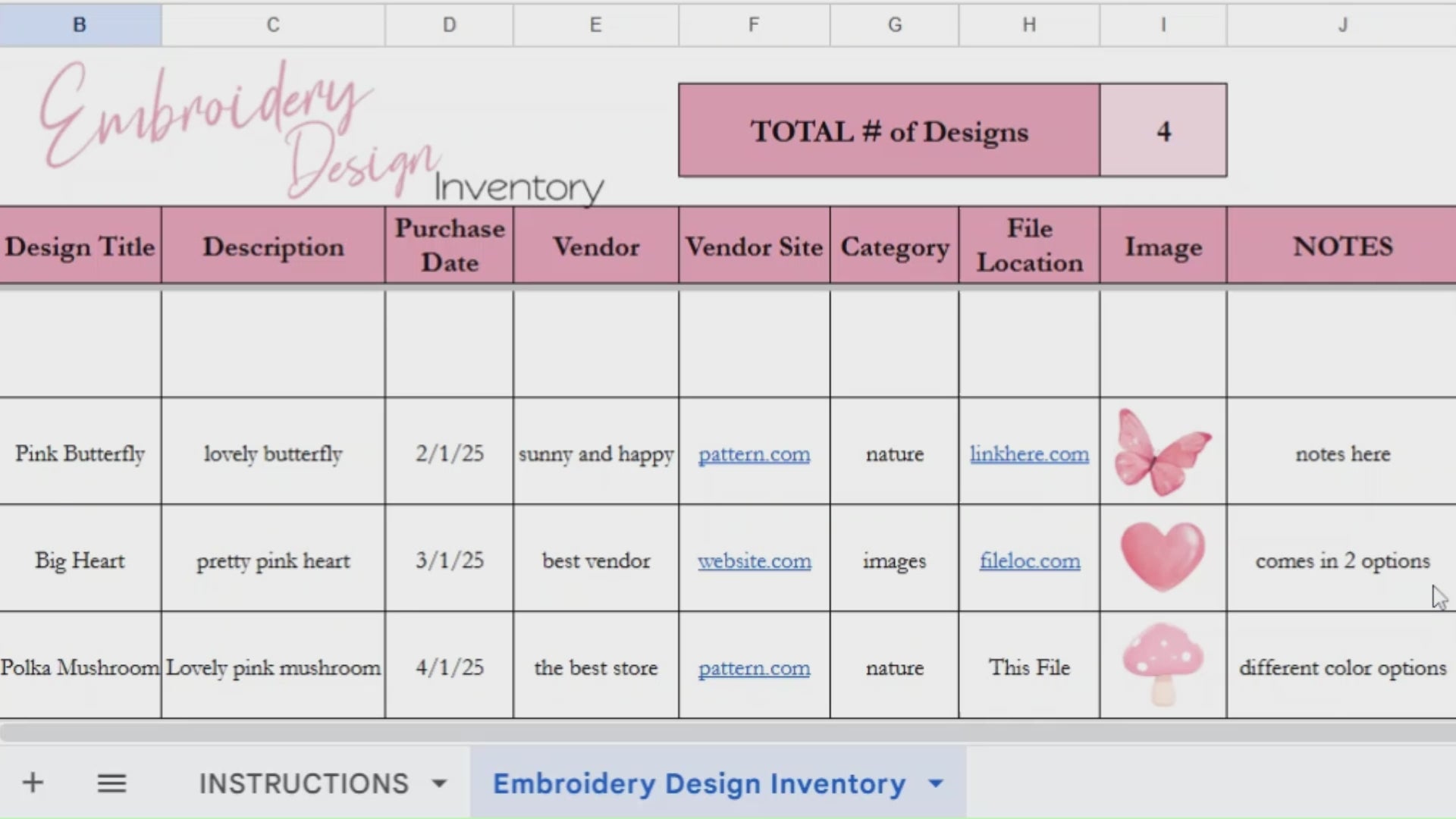 Embroidery Design Inventory Tracker Google Sheets Template and Excel S ...