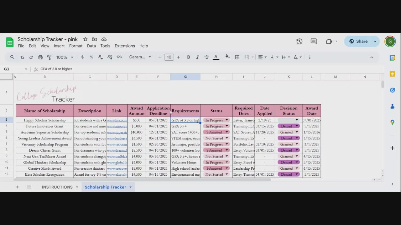 College Scholarship Tracker Template Google Sheets and Excel Spreadshe ...